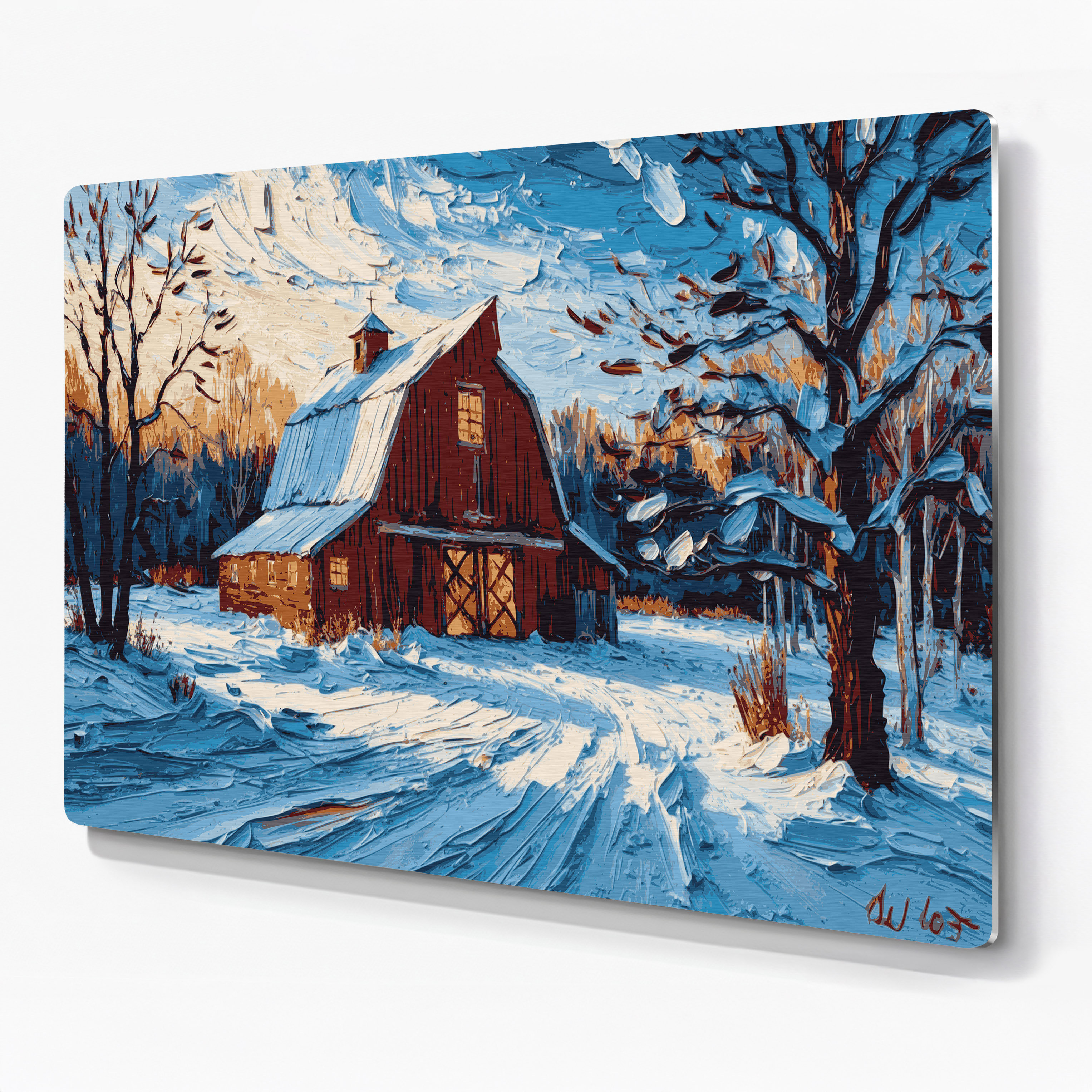 August Grove® Christmas Winter Barns Blue Metal Wall Art | Wayfair