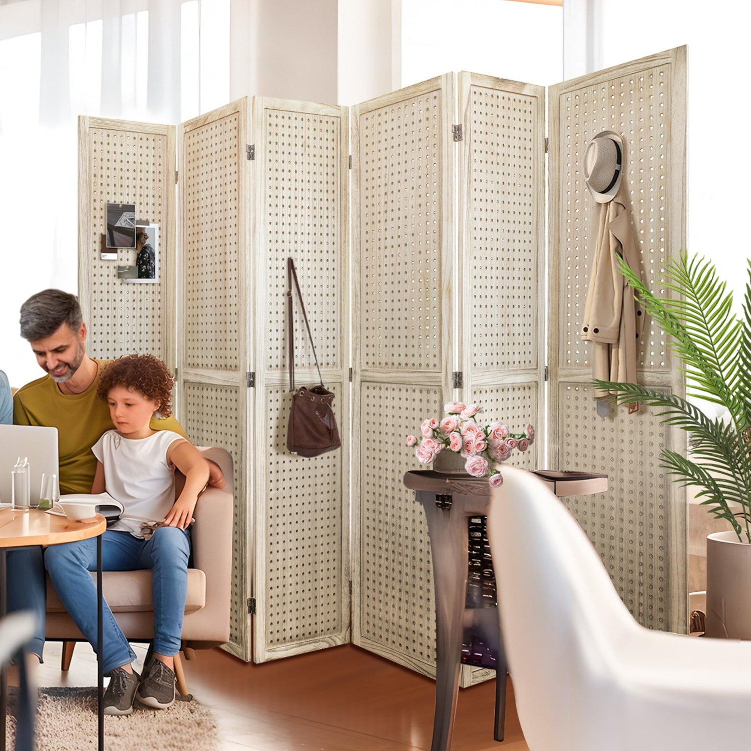 Gracie Oaks 2 PCS Room Dividers 6 Panel Pegboard Display 5.6FT Wood ...