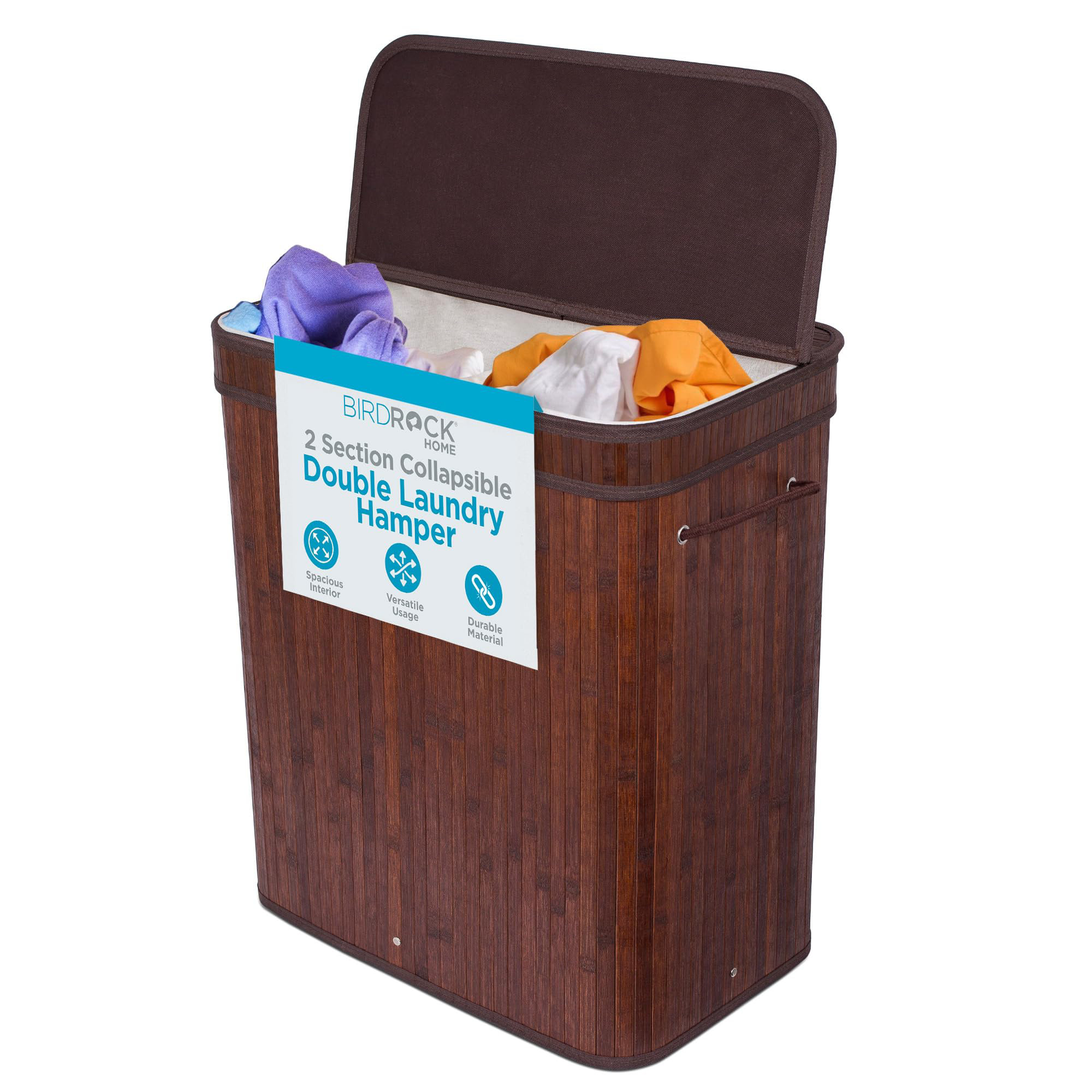 One Allium Way Double Laundry Hamper With Lid And Cloth Liner - Bamboo ...