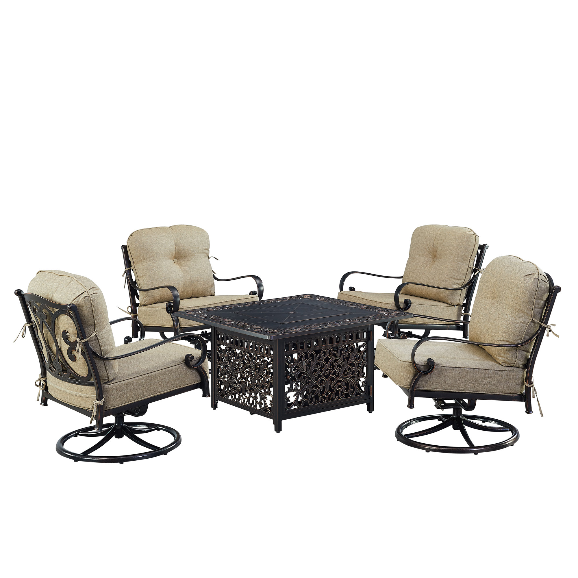 Oakland Living Black Aluminum Fire Table Set with Four Club Chairs ...