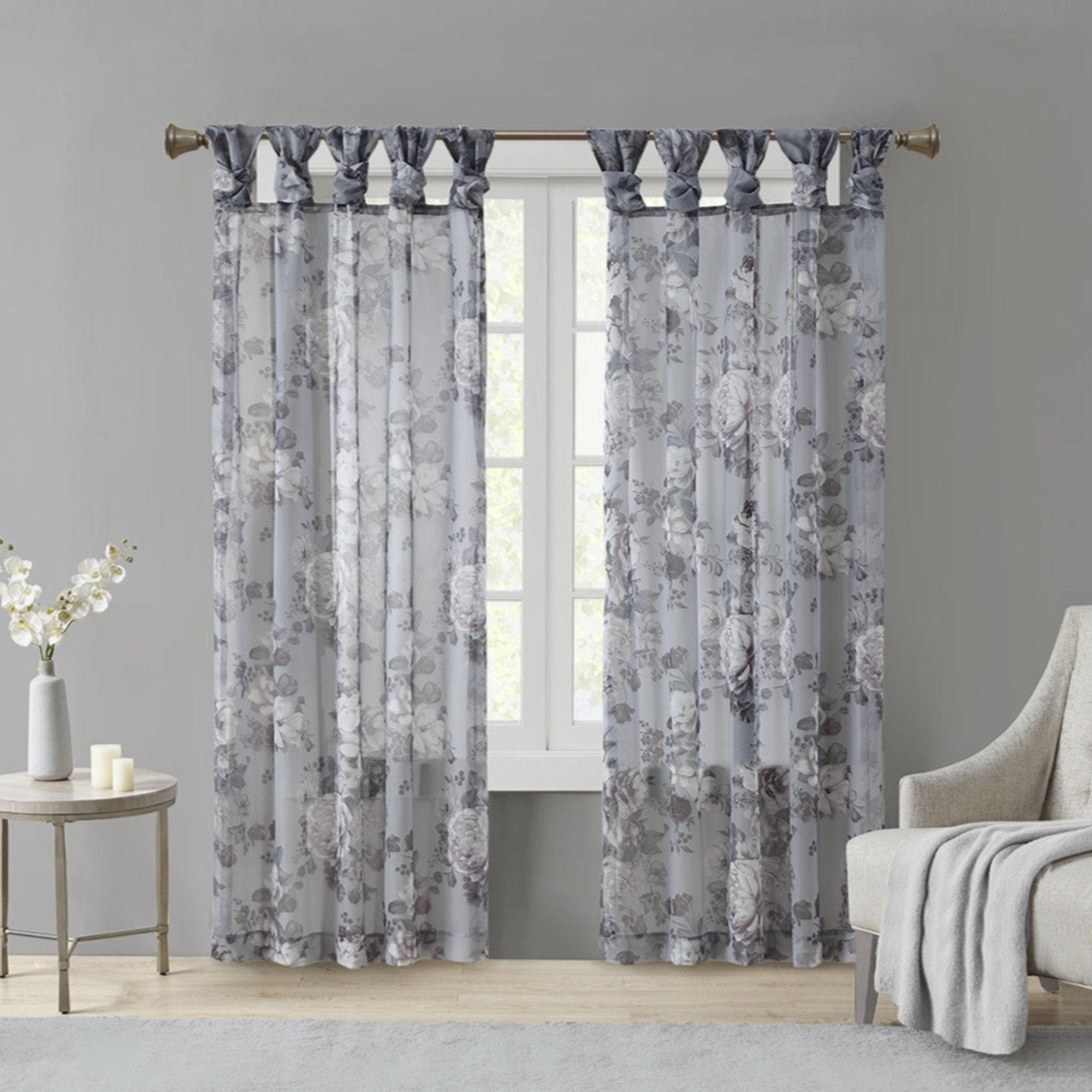 Lark Manor™ Printed Floral Twist Tab Top Voile Sheer Curtain(Only 1 Pc ...