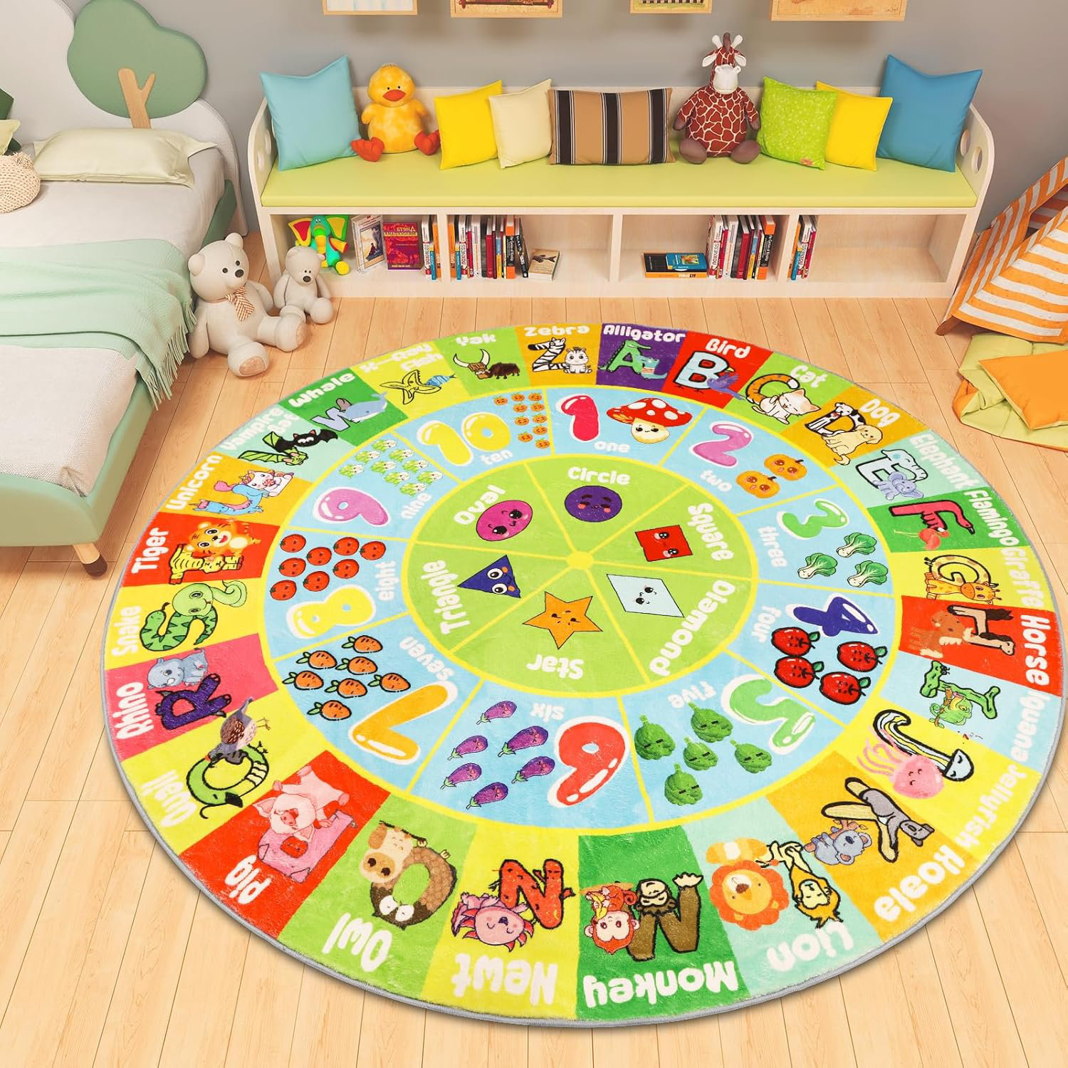 MAGBIX ABC Kids Rug Fluffy Round 5.3'/63" Alphabet Playmat Tummy Time ...
