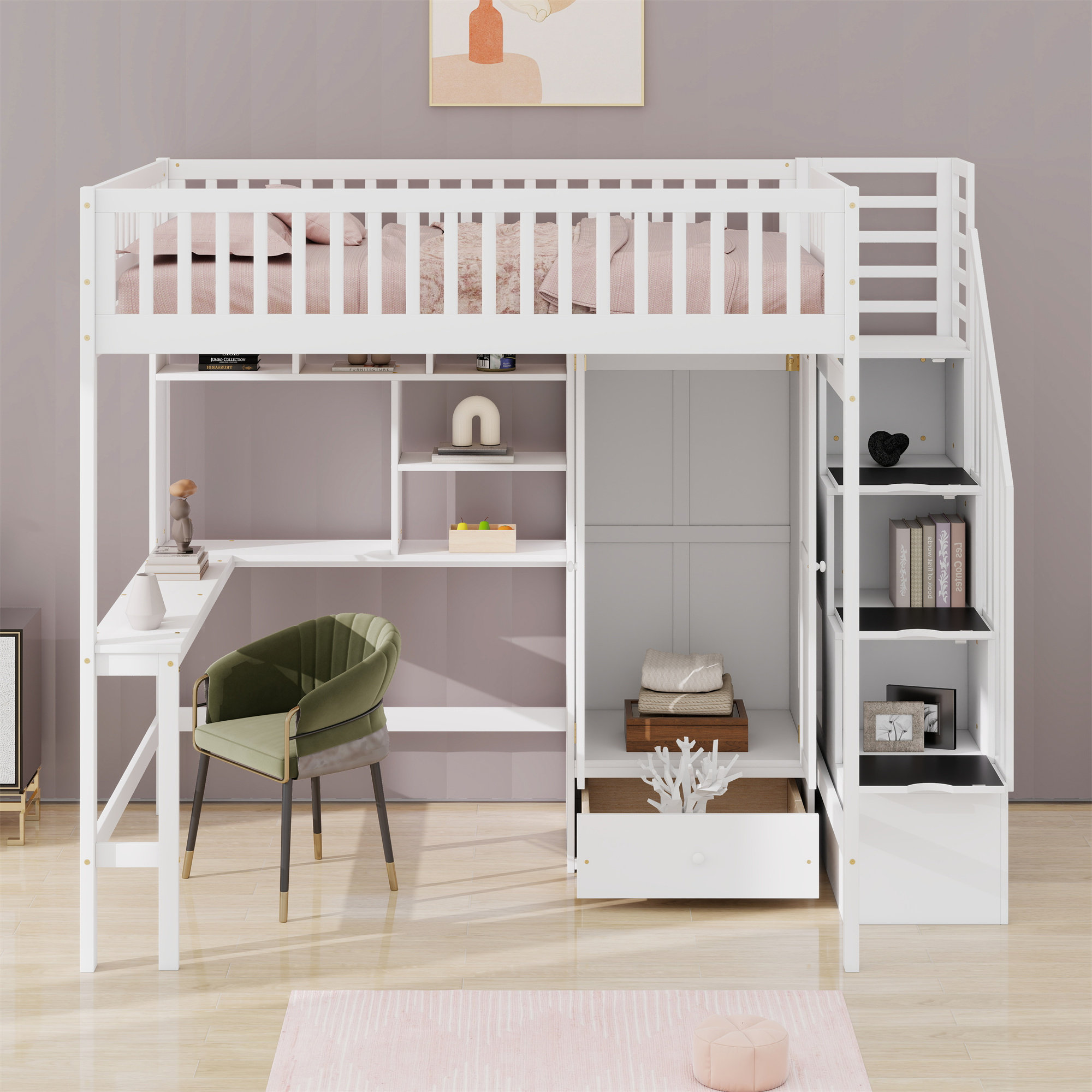 Latitude Run® Loft Bed With Bookshelf,Drawers,Desk,And Wardrobe | Wayfair