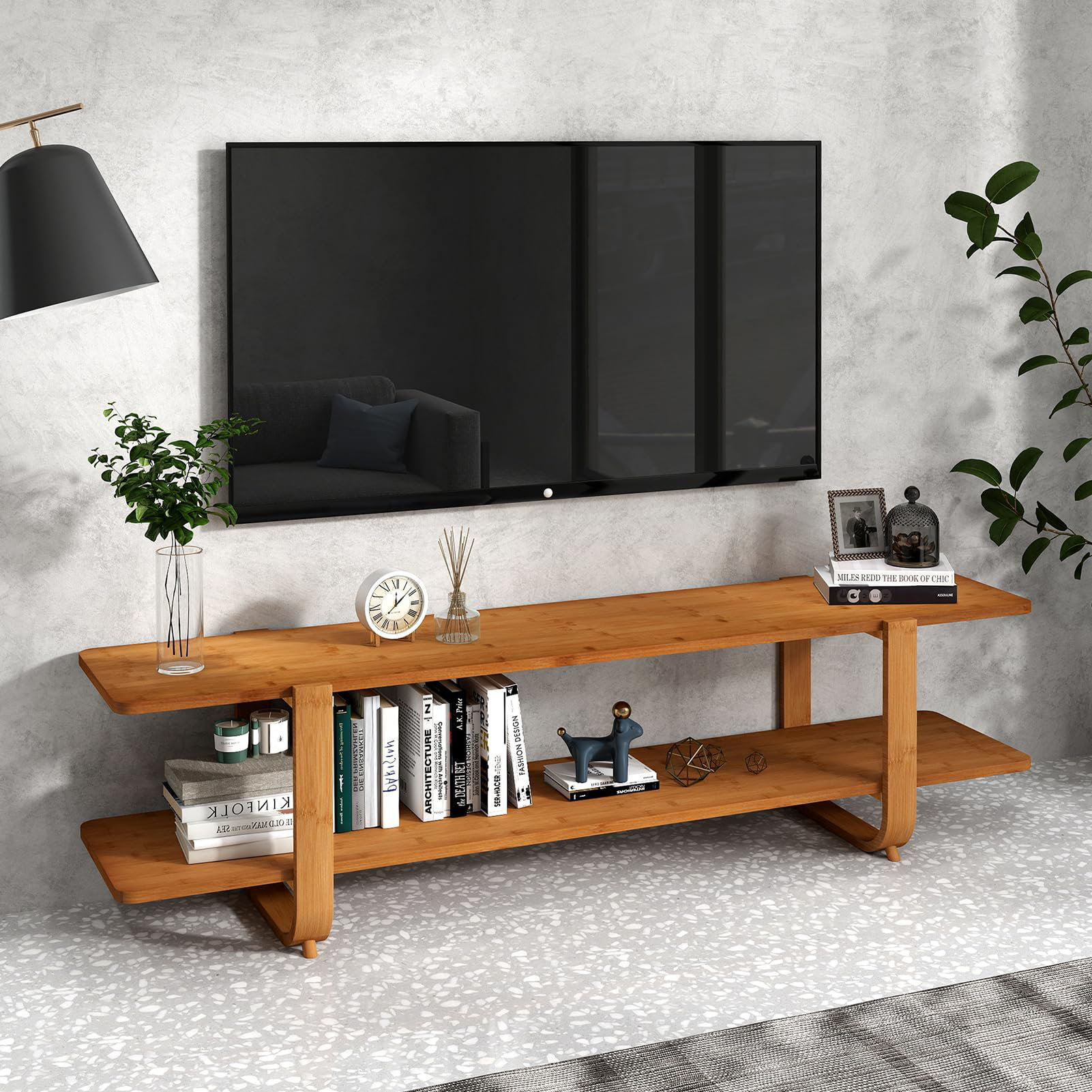 17 Stories Bamboo TV Cabinet With Two Open Shelves For Living Room And ...