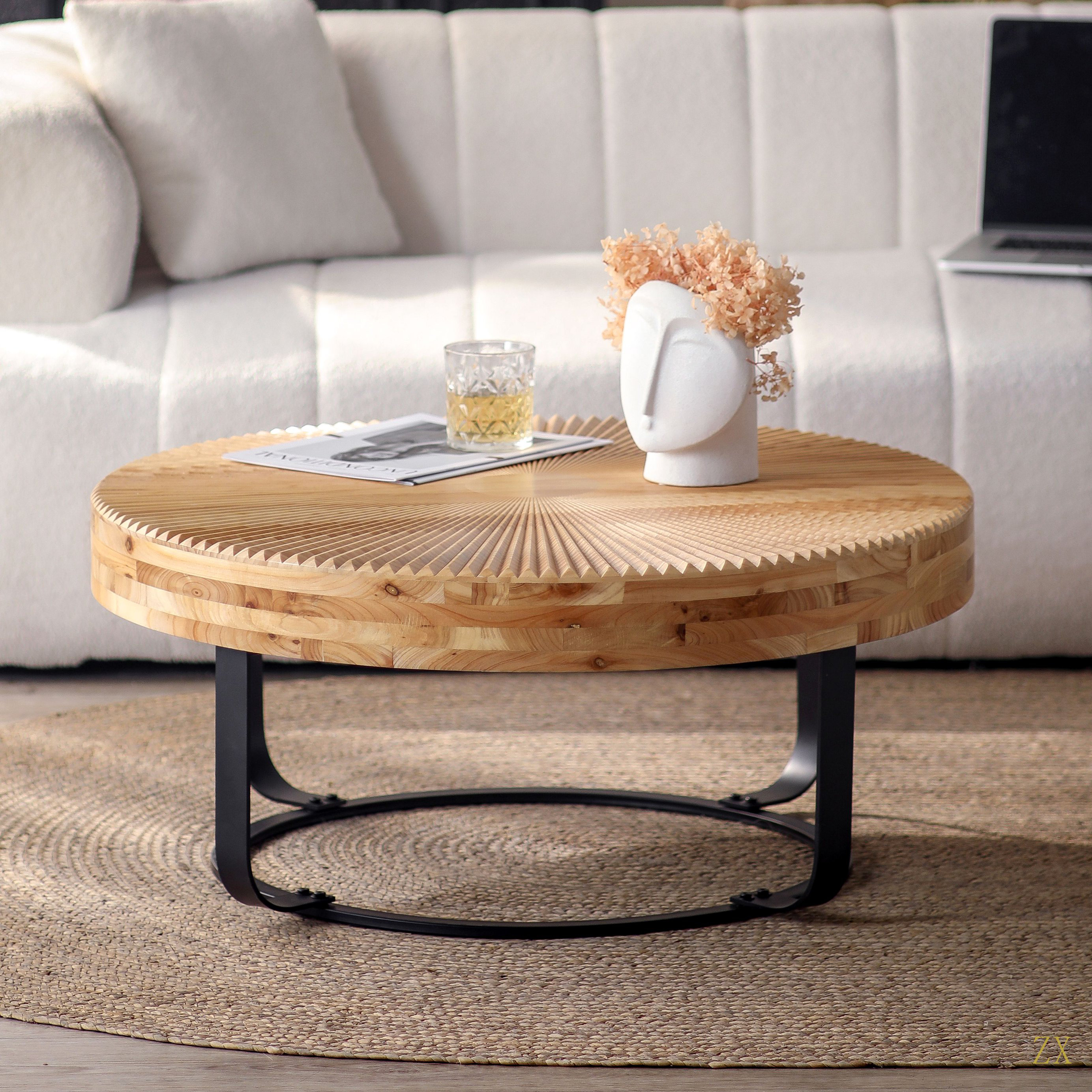 Latitude Run® Modern Round Coffee Table Wooden Carving Pattern Coffee ...