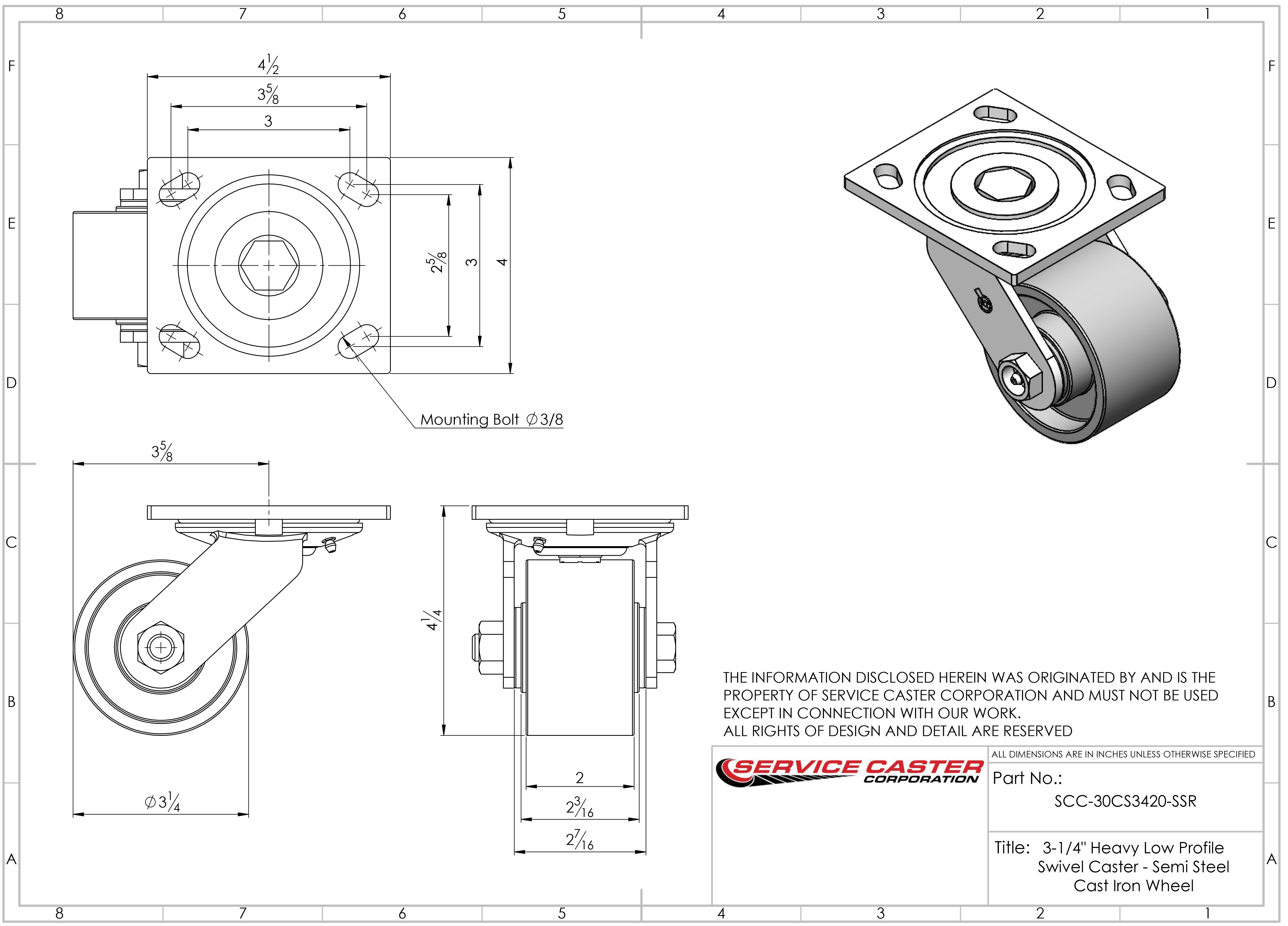Service Caster 4 Piece Semi Steel Roller Bearing Caster Set with 2 ...