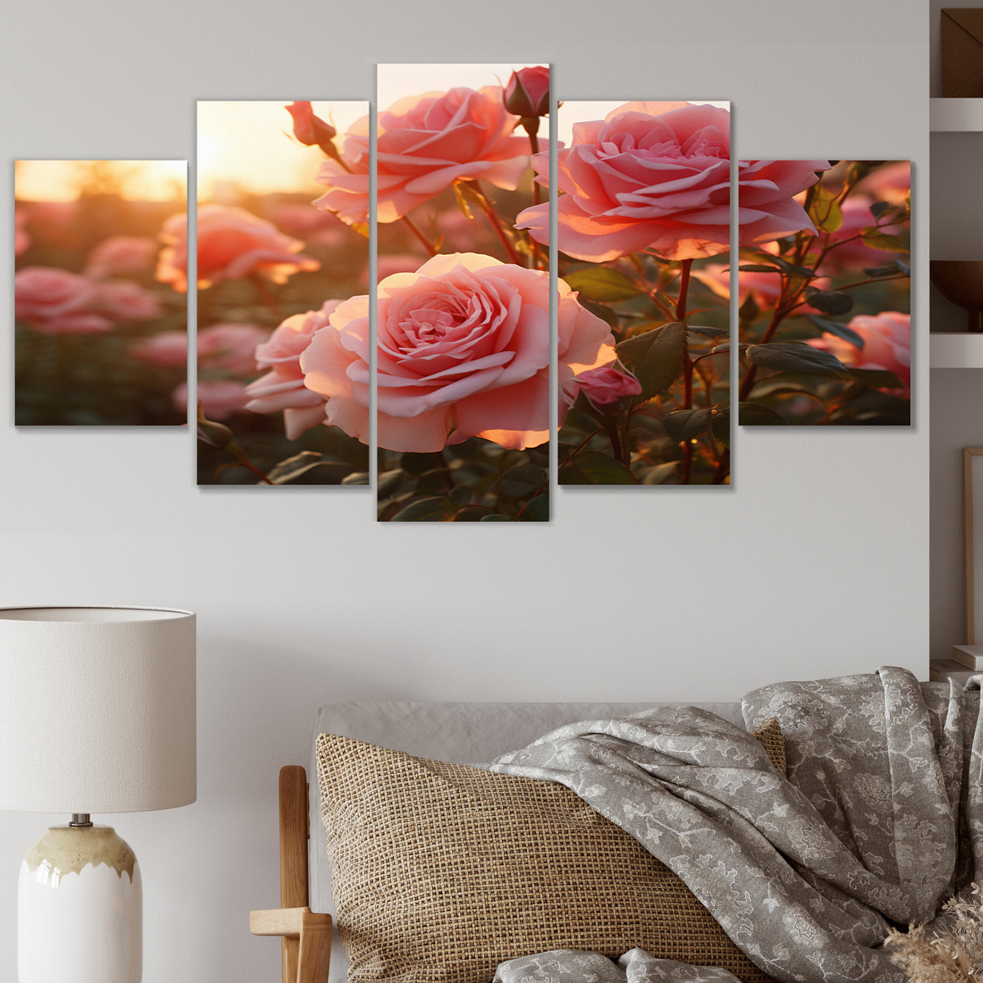 Latitude Run® Pink Roses Field With Sunset - Floral Wall Art Living ...