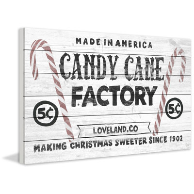 Ivy Bronx Candy Cane Factory On Wood by Eyre Tarney Print | Wayfair
