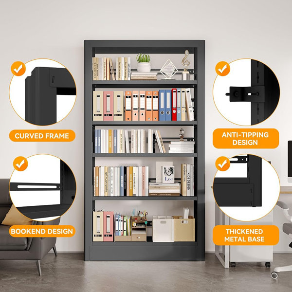 Hokku Designs Bookshelf 5 Tier Metal Bookshelf With Adjustable Storage ...