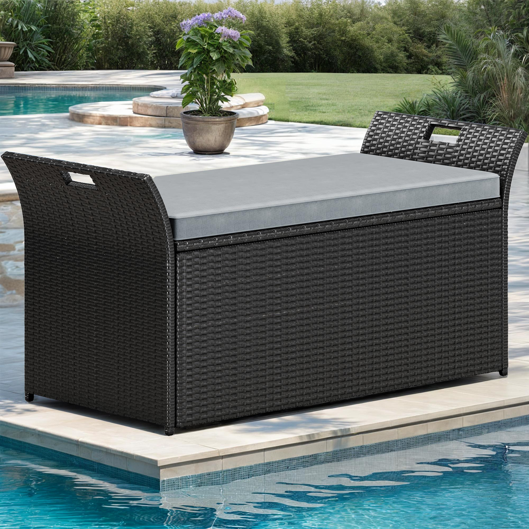Ebern Designs Guistino 90 Gallon Wicker Outdoor Storage Bench, Patio ...