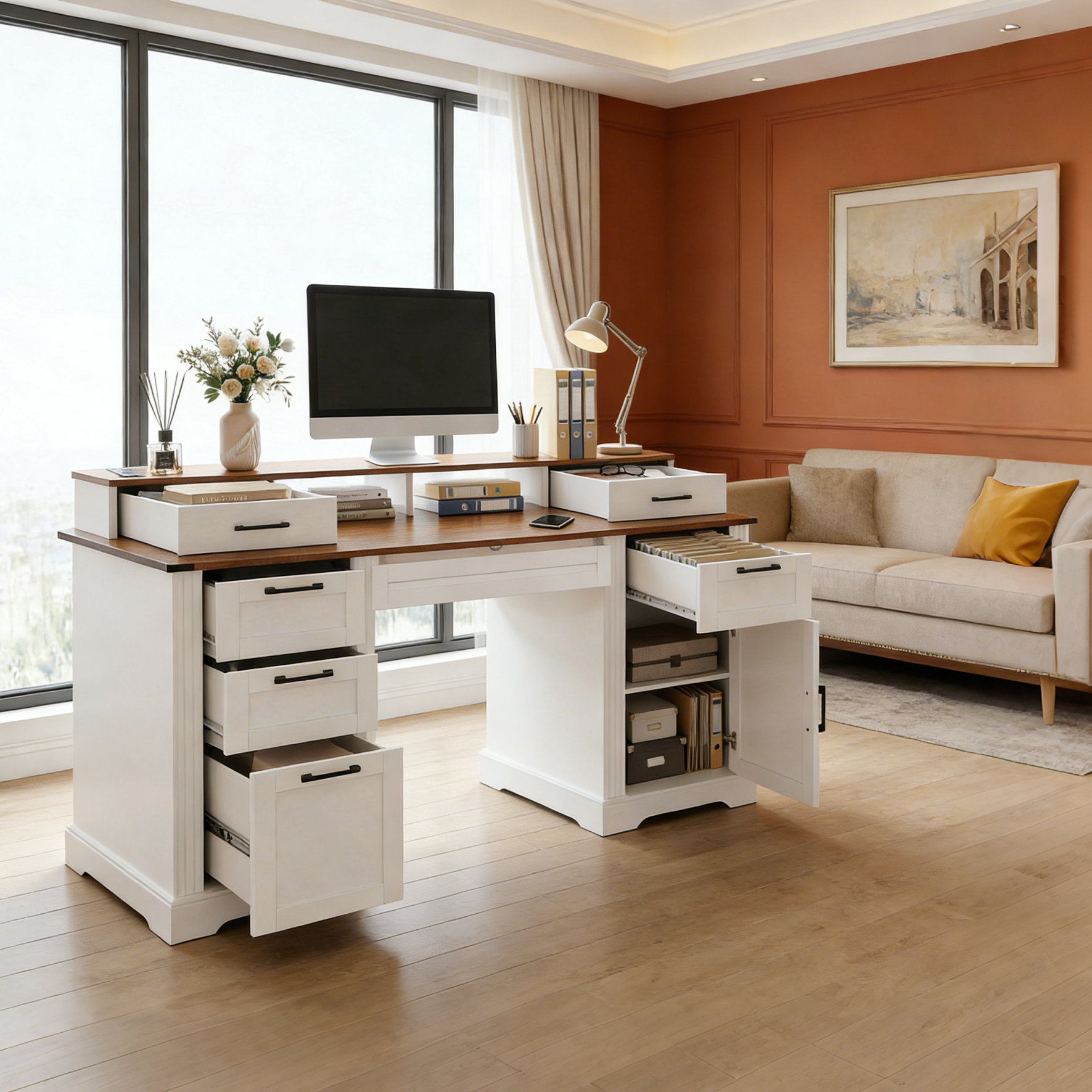 August Grove® 59.5” Wide Double Desktop Office Desk - Farmhouse Style ...