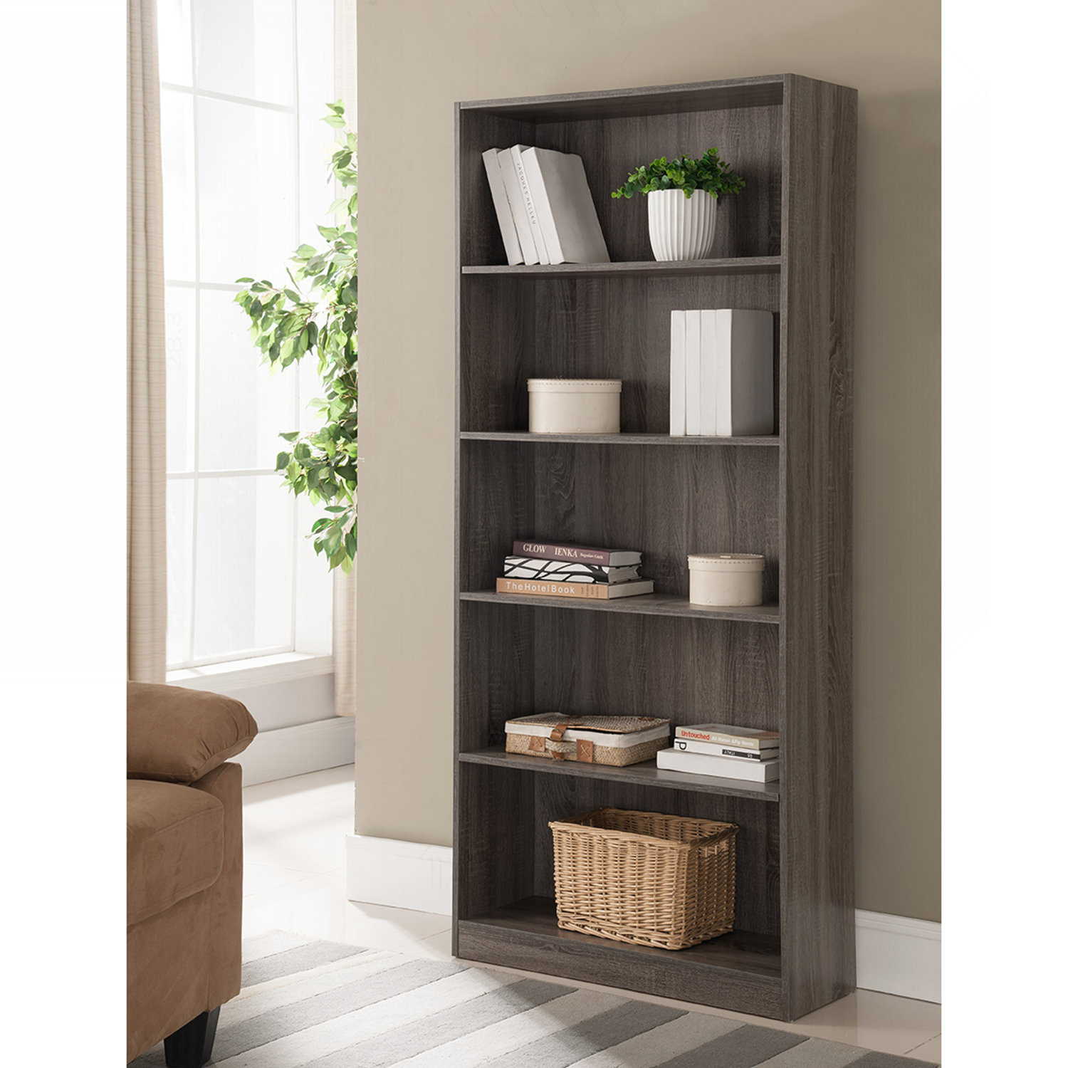 Hokku Designs Versatile Five-Shelf Wooden Bookcase for Home ...