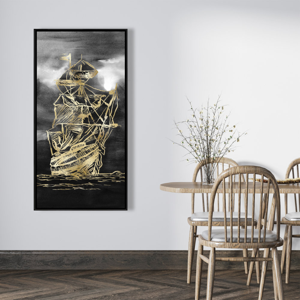Hokku Designs Sailing little ship illustration gold - 24"x48" Framed ...