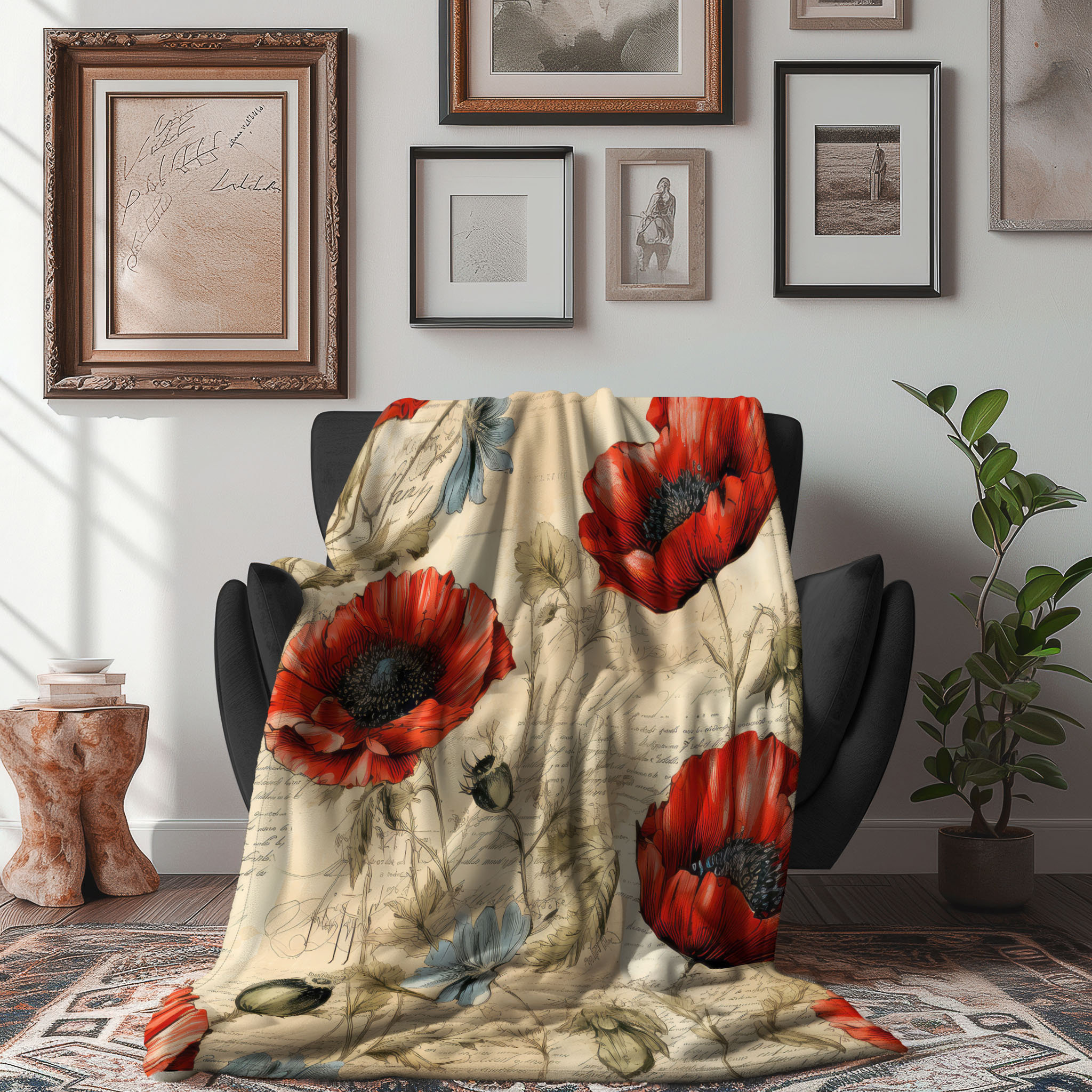 MentionedYou Fiery Poppy Posies - 1 Piece Premium Sherpa Blanke Throw ...
