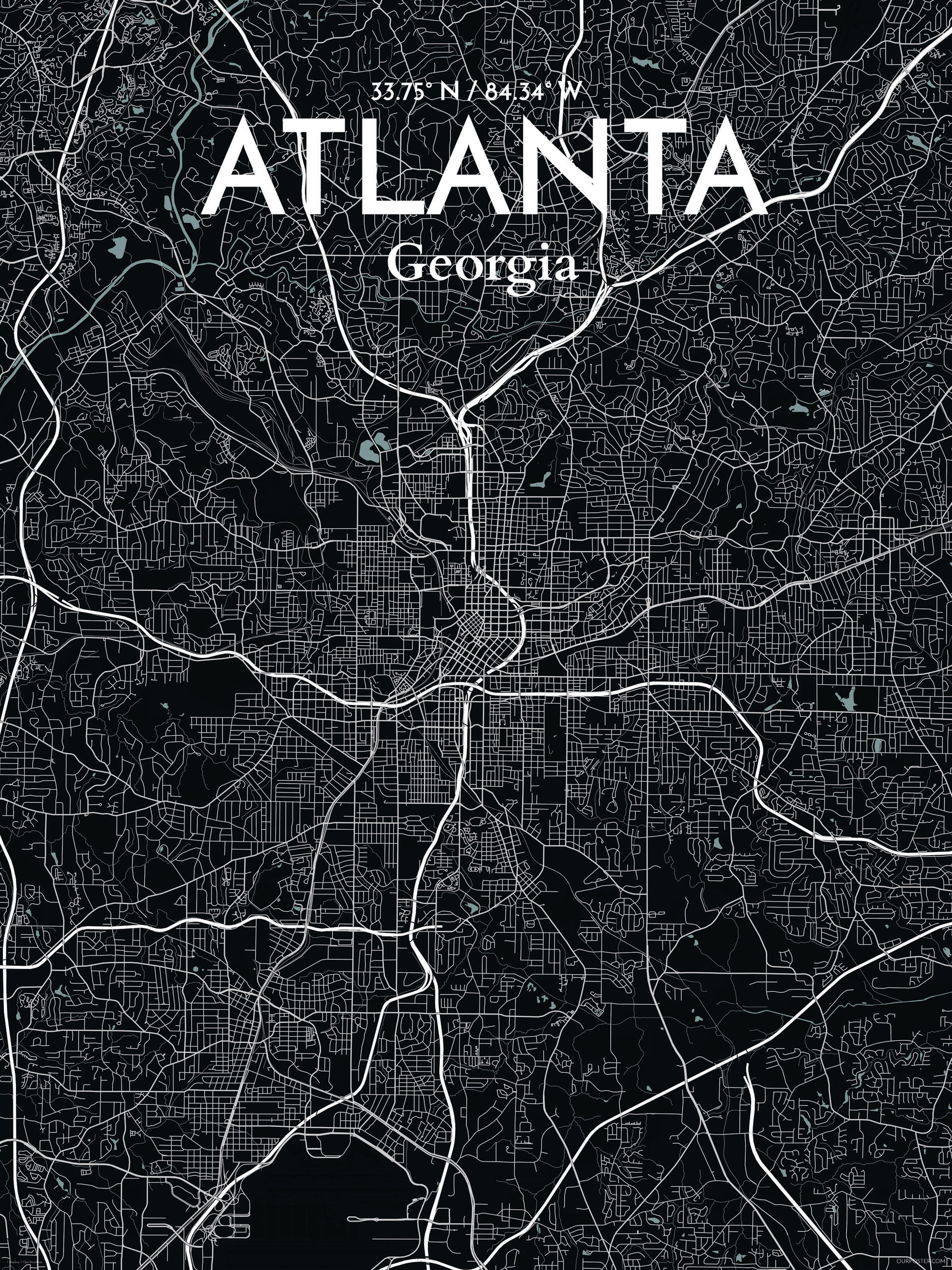 OurPoster.com 'Atlanta City Map' Graphic Art Print Poster in Midnight ...