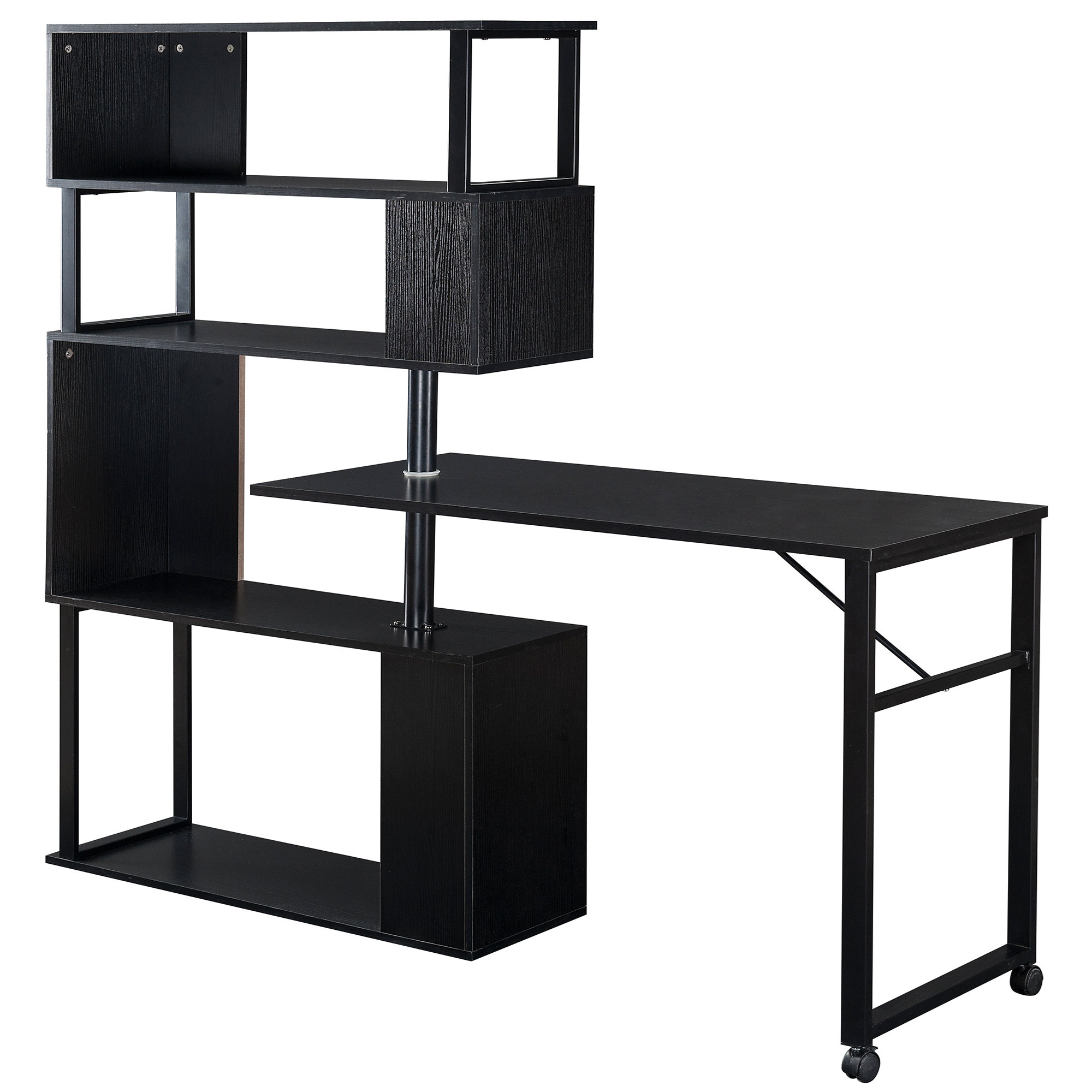 17 Stories L-Shaped Rotating Desk with 5-Tier Bookshelf & Locking ...