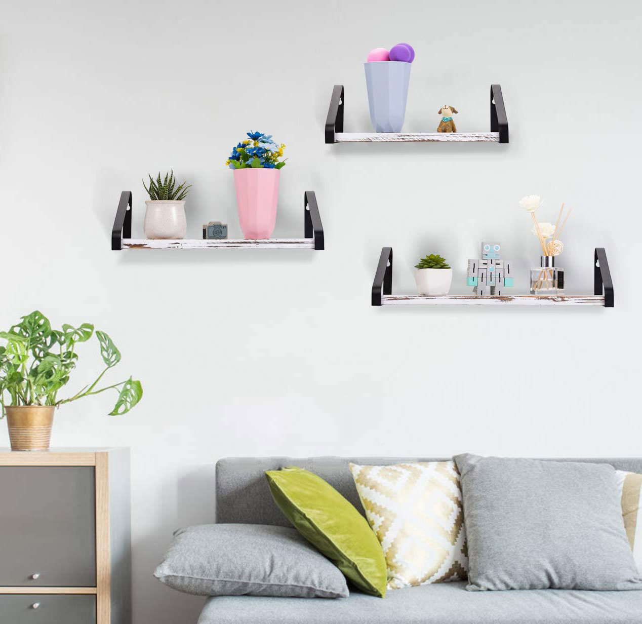 Gracie Oaks Wall-Mounted Floating Shelves Set of 3 Rustic Wood ...