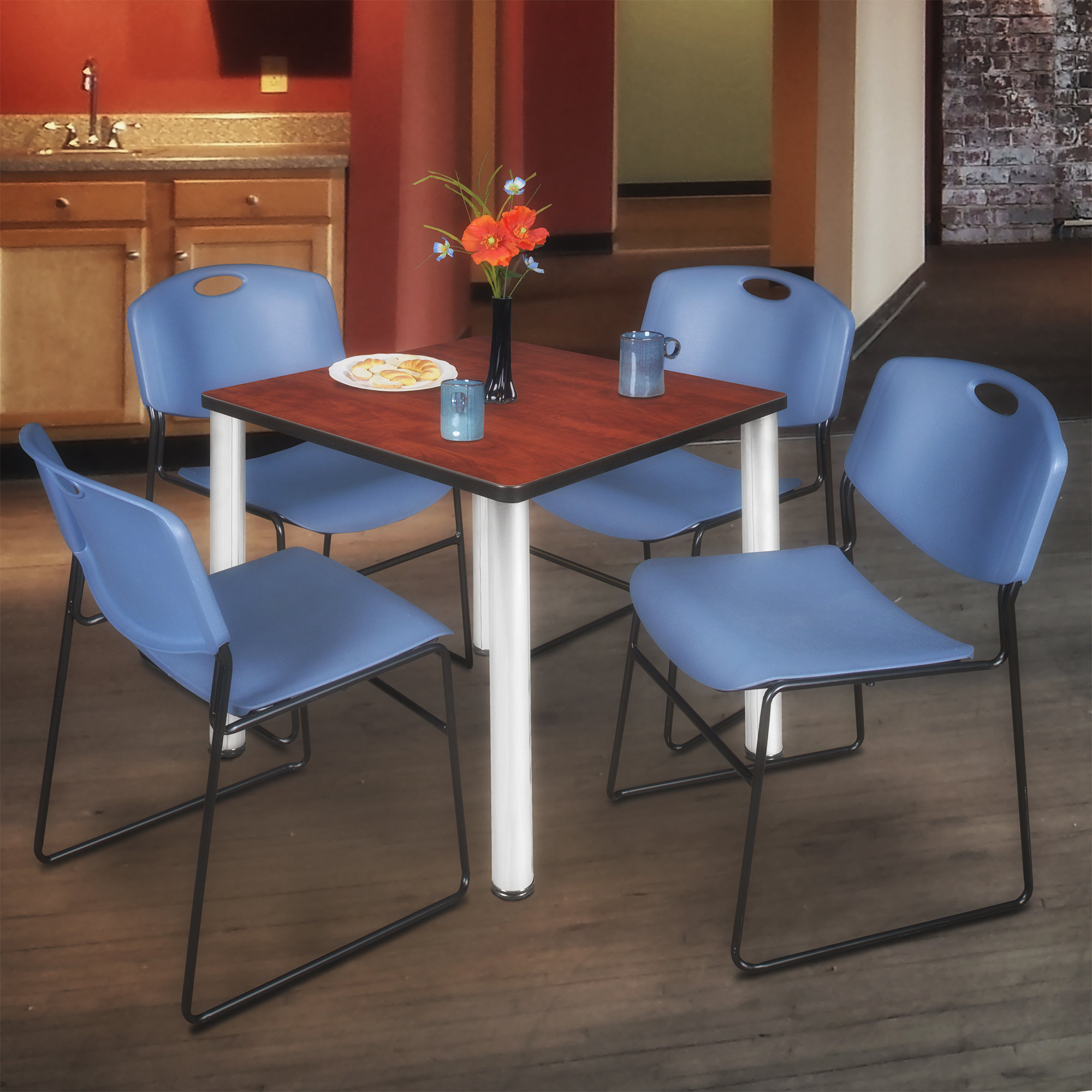 Inbox Zero Kee Square Breakroom Table Top, 4 Zeng Stack Chairs | Wayfair
