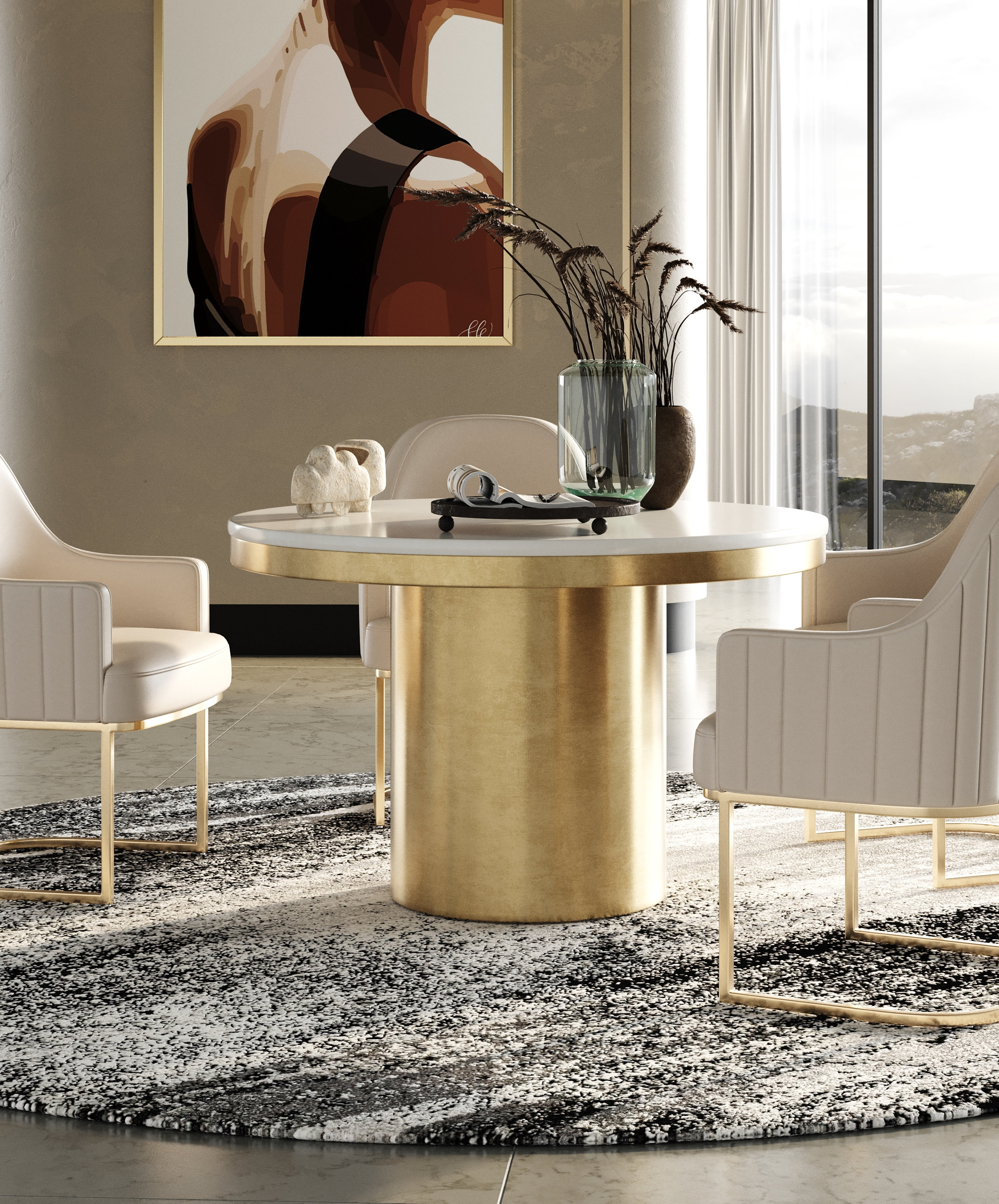 Everly Quinn Rocky - Glam White Marble & Brush Gold Round Dining Table ...