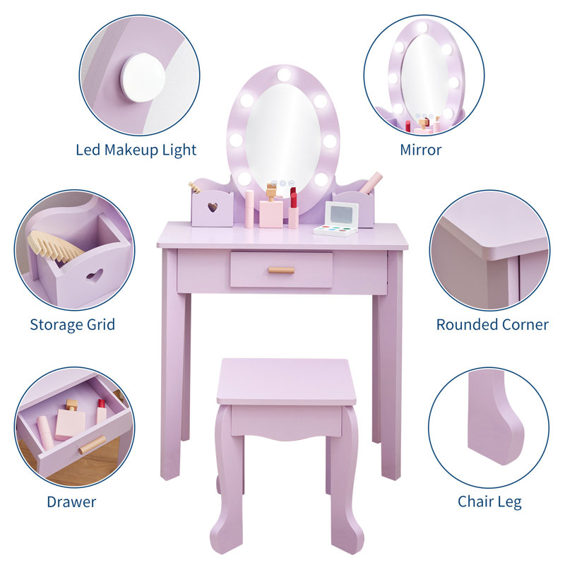 Harriet Bee Kids Vanity Set With Mirror & Light, Makeup Table And Stool ...