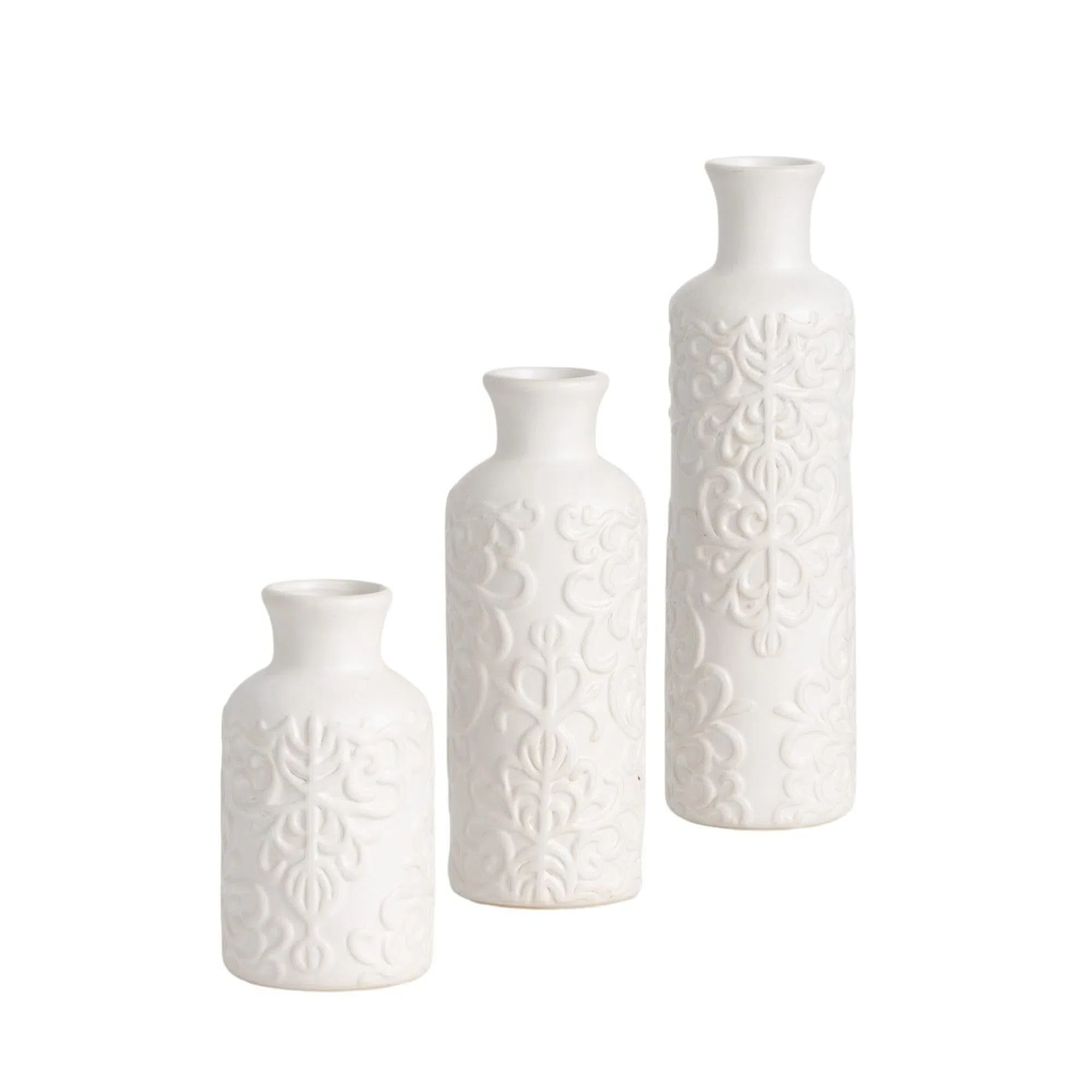 Corrigan Studio Set of 3 Small White Embossed Ceramic Vases for ...