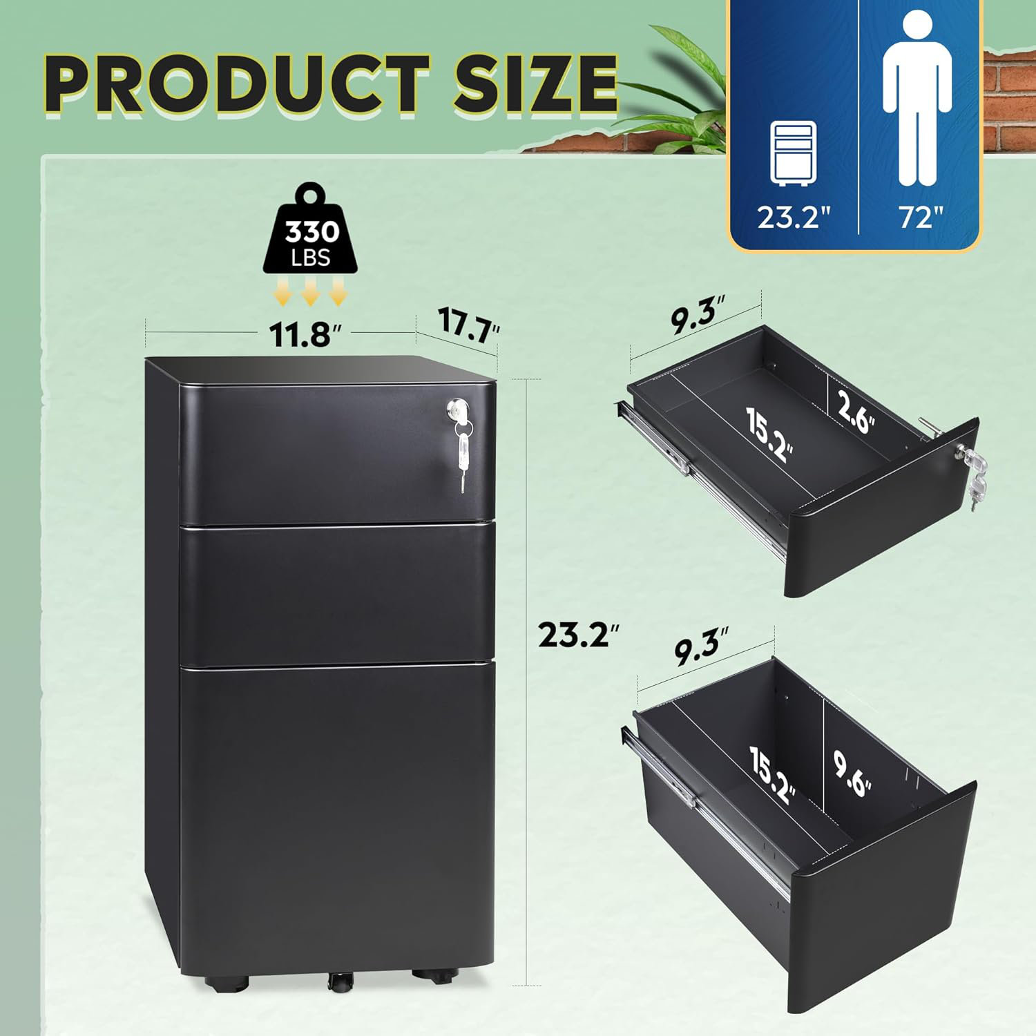 Inbox Zero 3-Drawer Slim File Cabinet, Vertical Filing Cabinet, Fully ...