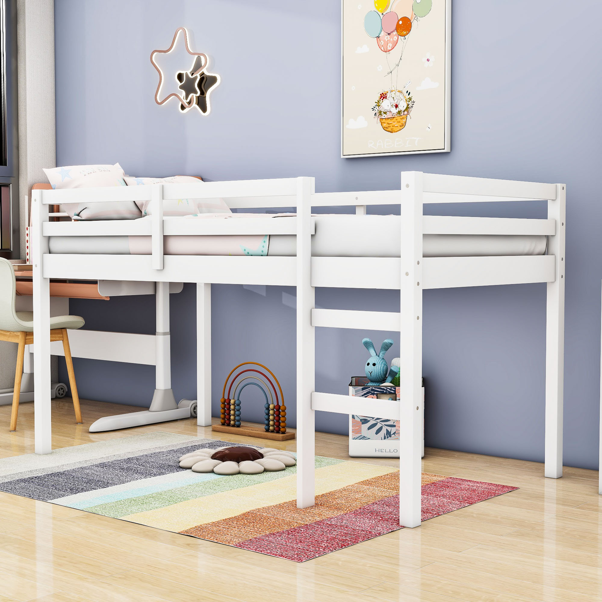 Harriet Bee Twin Wooden Loft Bed With Ladder And Guardrails | Wayfair