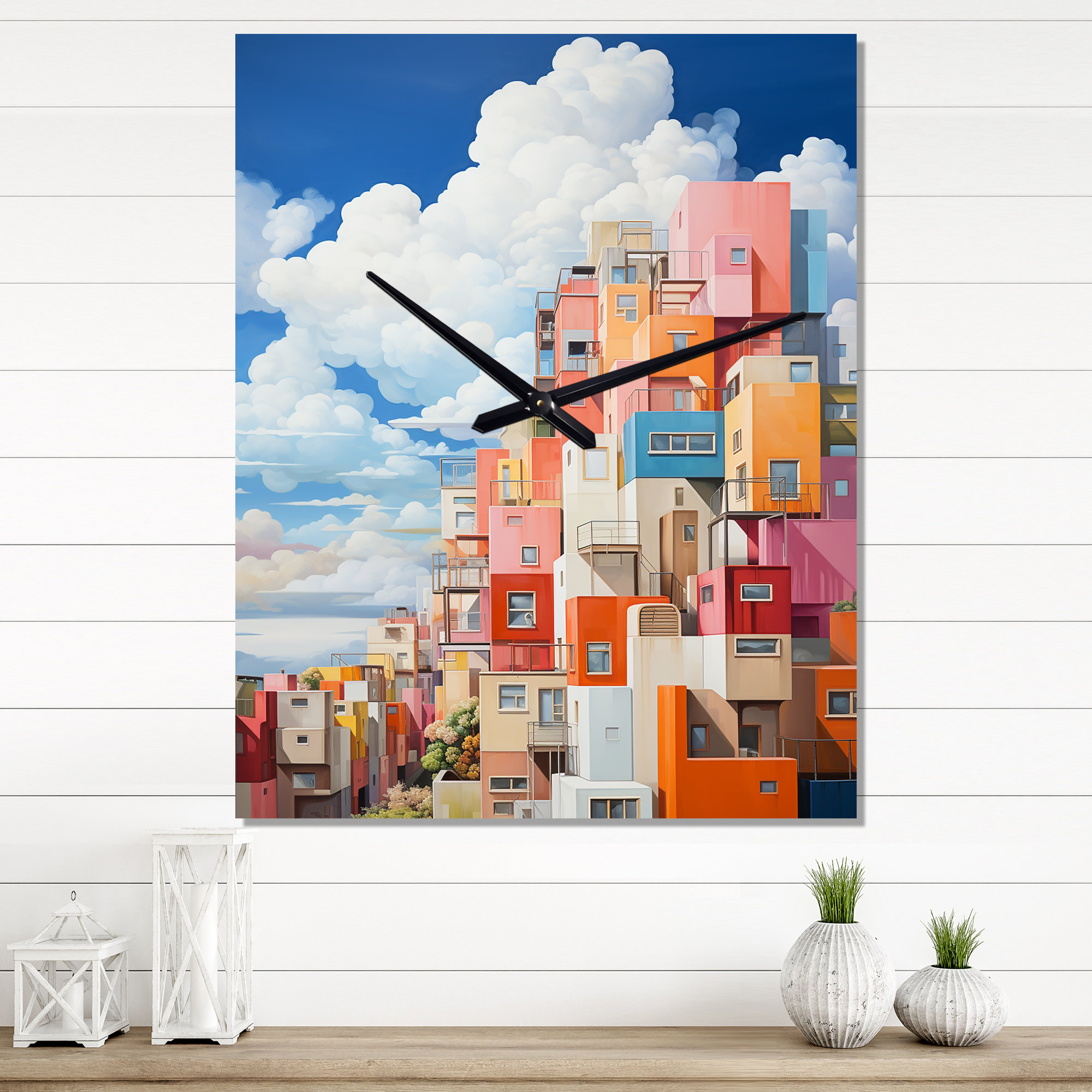 Ivy Bronx Cubic Condo Tower In Style Of De Stijl I - Clouds Wall Clock ...