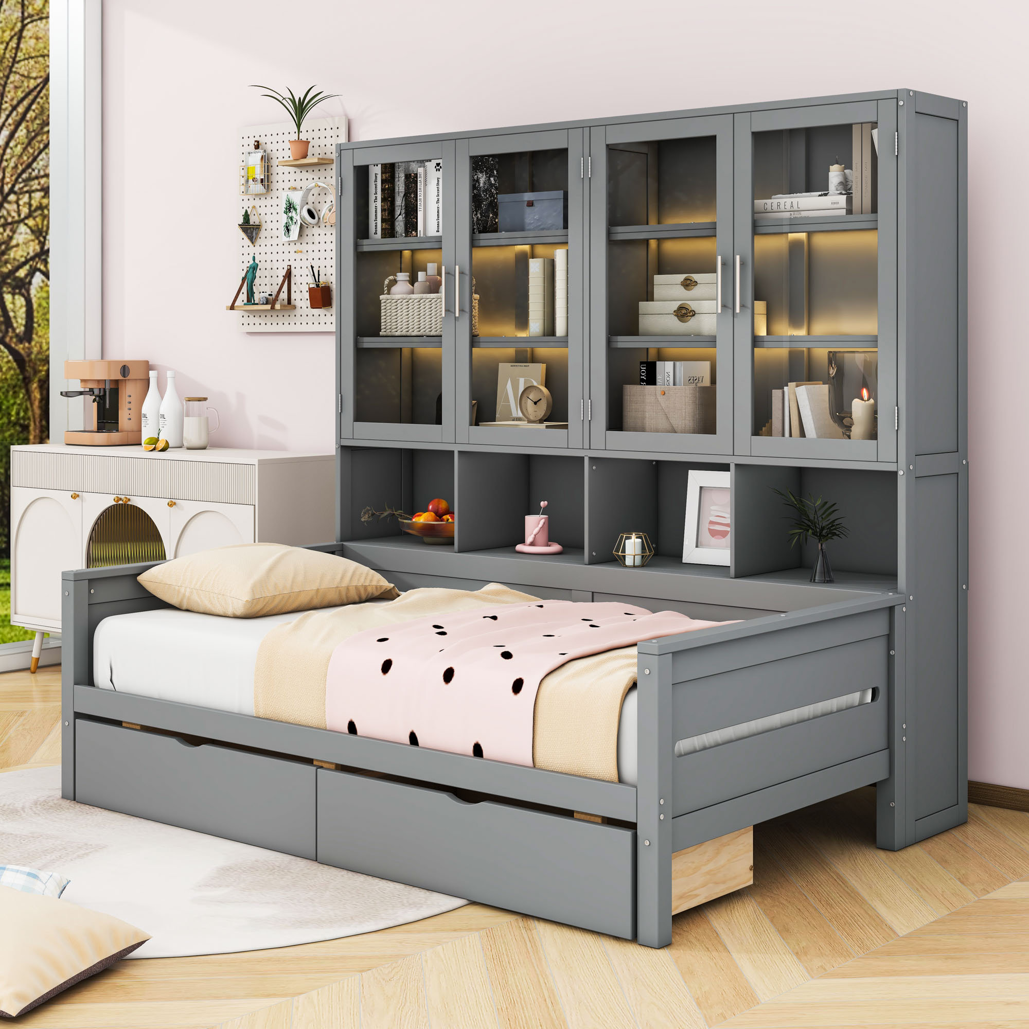 Wrought Studio 2 Drawers Wood Daybed with Glass-Door Cabinet and LED ...