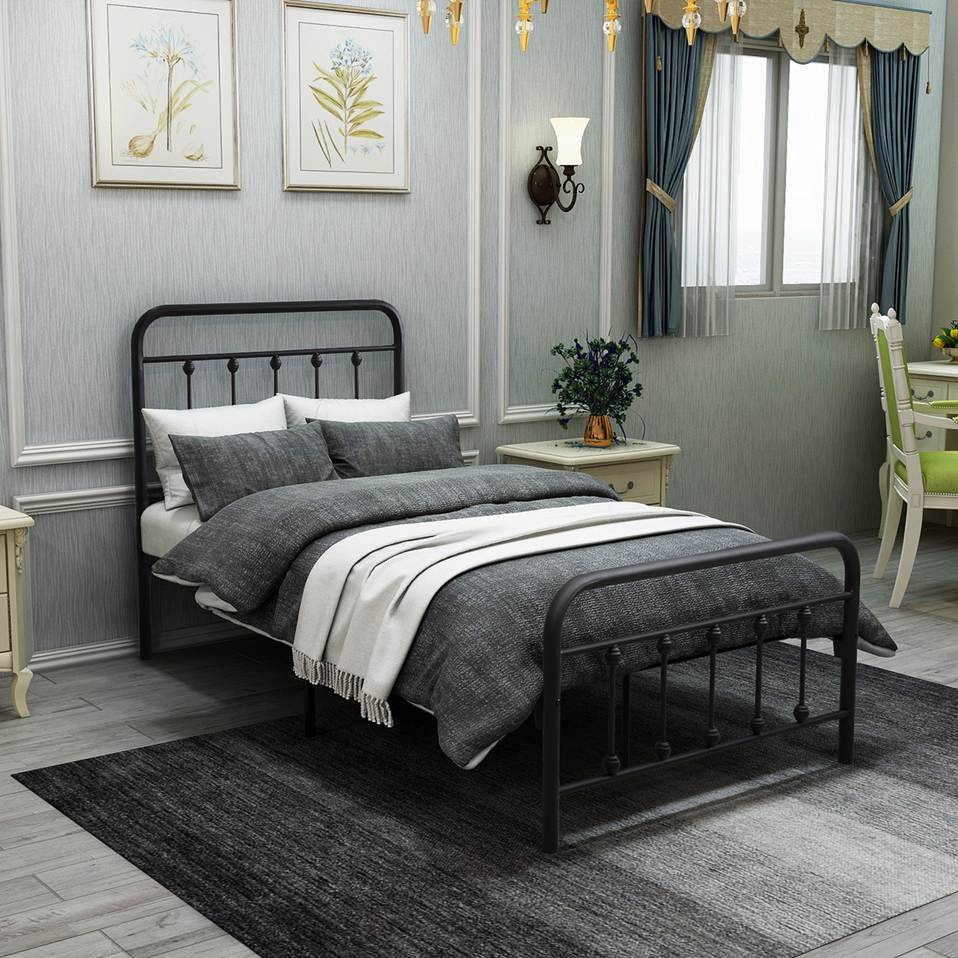 August Grove® Black Twin Metal Platform Bed Frame, Headboard Design, No ...