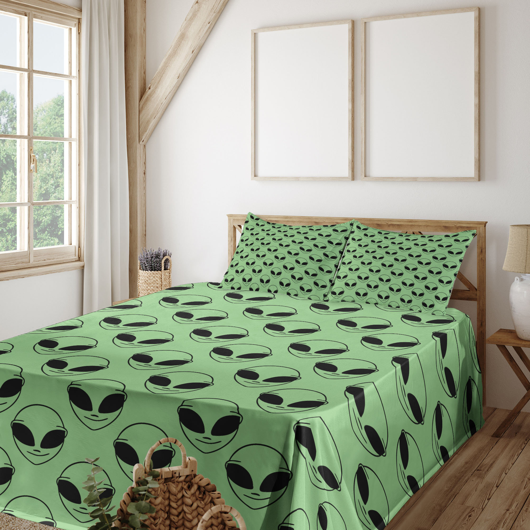 Ambesonne Alien Sheet Set Extra-Terrestrial Cartoon Art Pale Green and ...