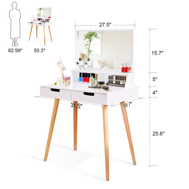 Ebern Designs Maximilien Wood Mirror Vanity Desk Makeup Table & Reviews ...