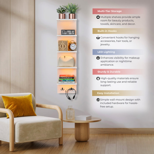 Sorbus LED Light Display Shelf - Vertical 5 Tier Wall Shelf Unit with 2 ...