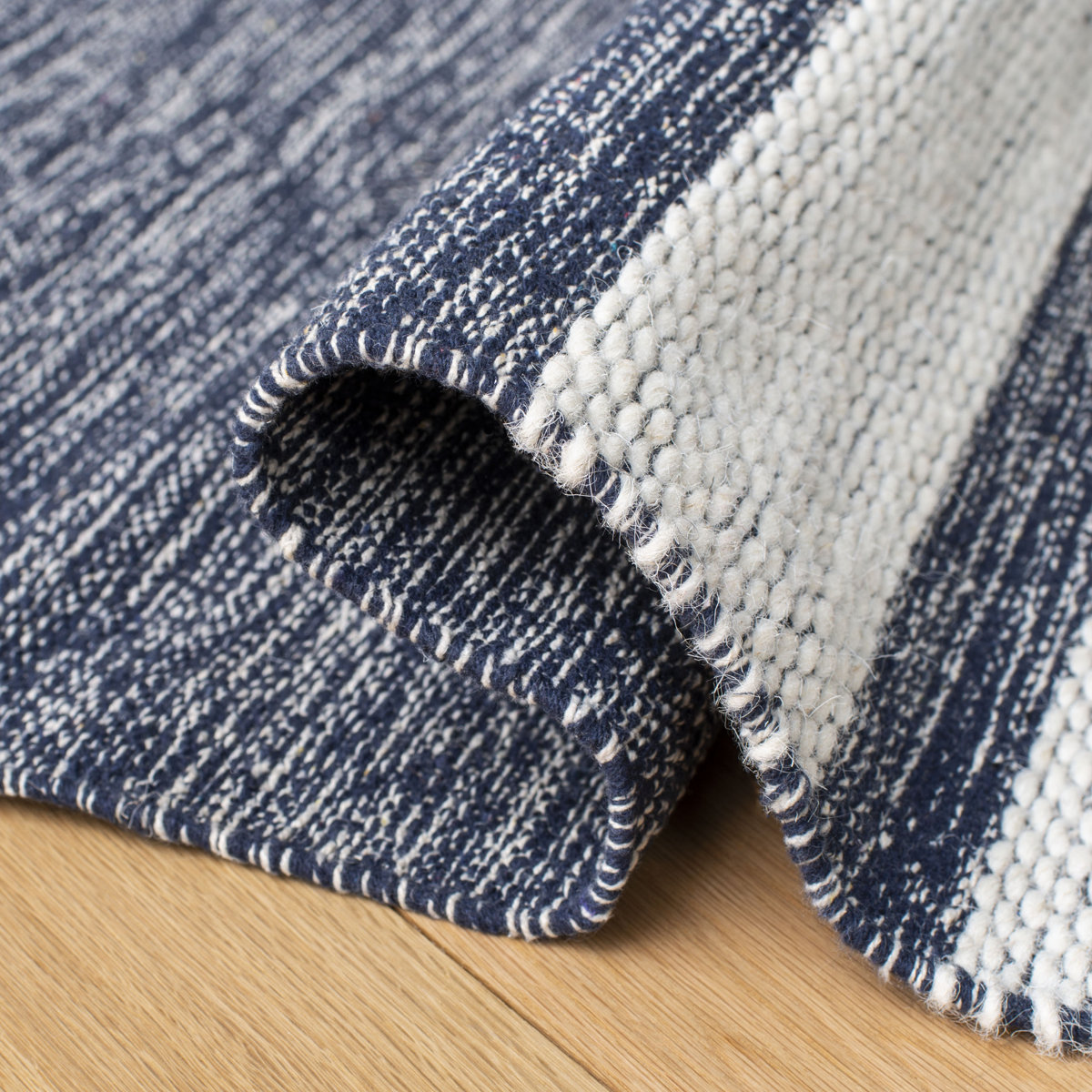 Mercury Row® Alexio Striped Handwoven Wool/Cotton Navy Area Rug ...