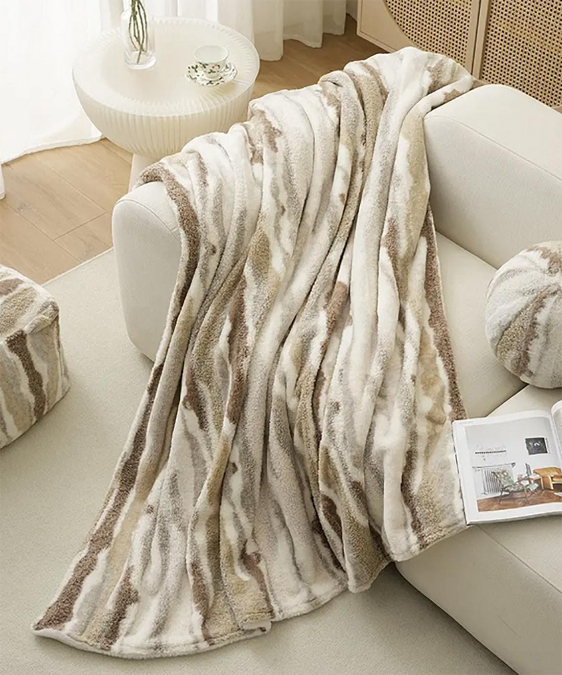 Fennco Styles Beige Plush Stripe Faux Fur Fleece Reversible Throw ...