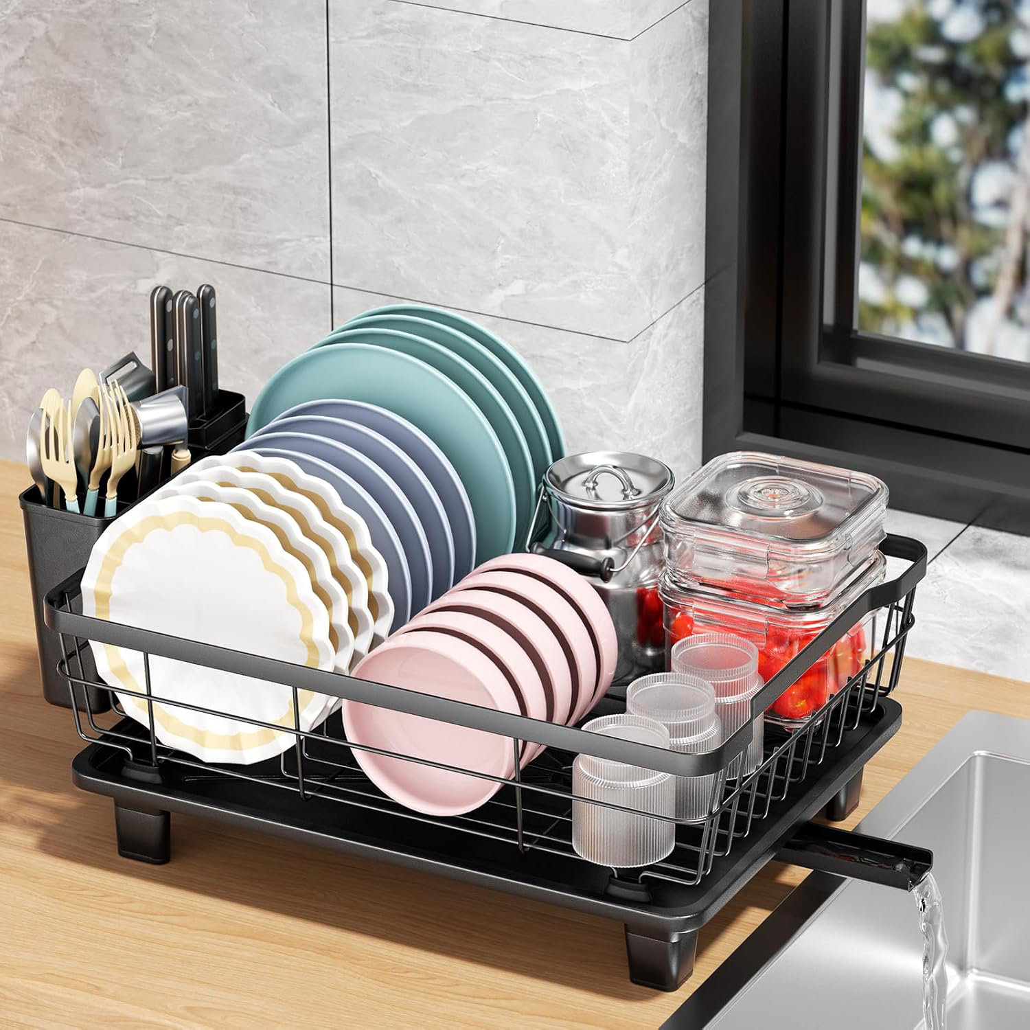 Grobem Kitchen counter drying rack with drain board,black | Wayfair
