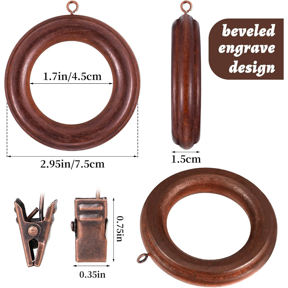 Symple Stuff 16 Pack Curtain Rod Rings Wooden With Drapery Clips 3 Inch ...