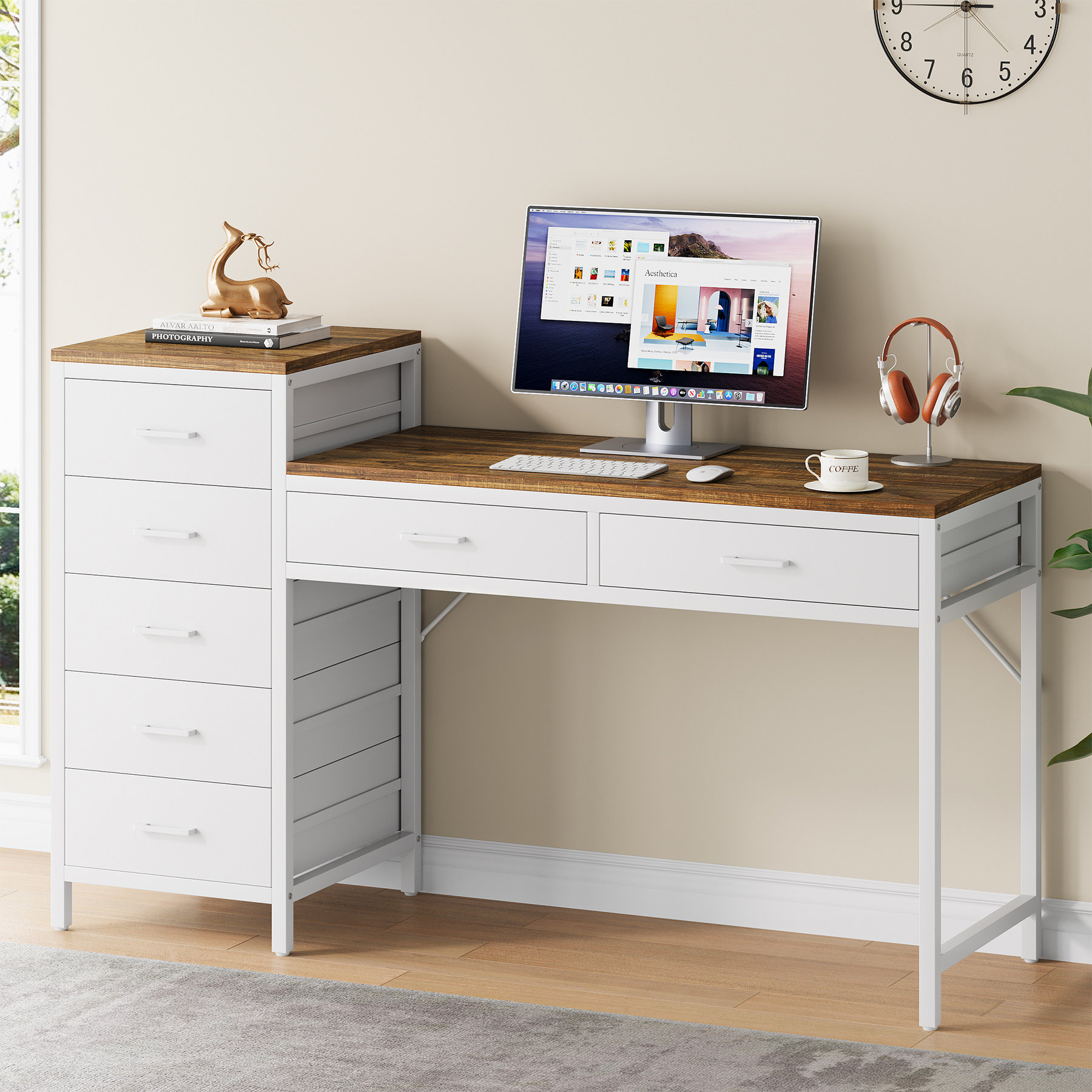 Ebern Designs Kavayah 55.12'' W Reversible Desk with 7 Drawers | Wayfair