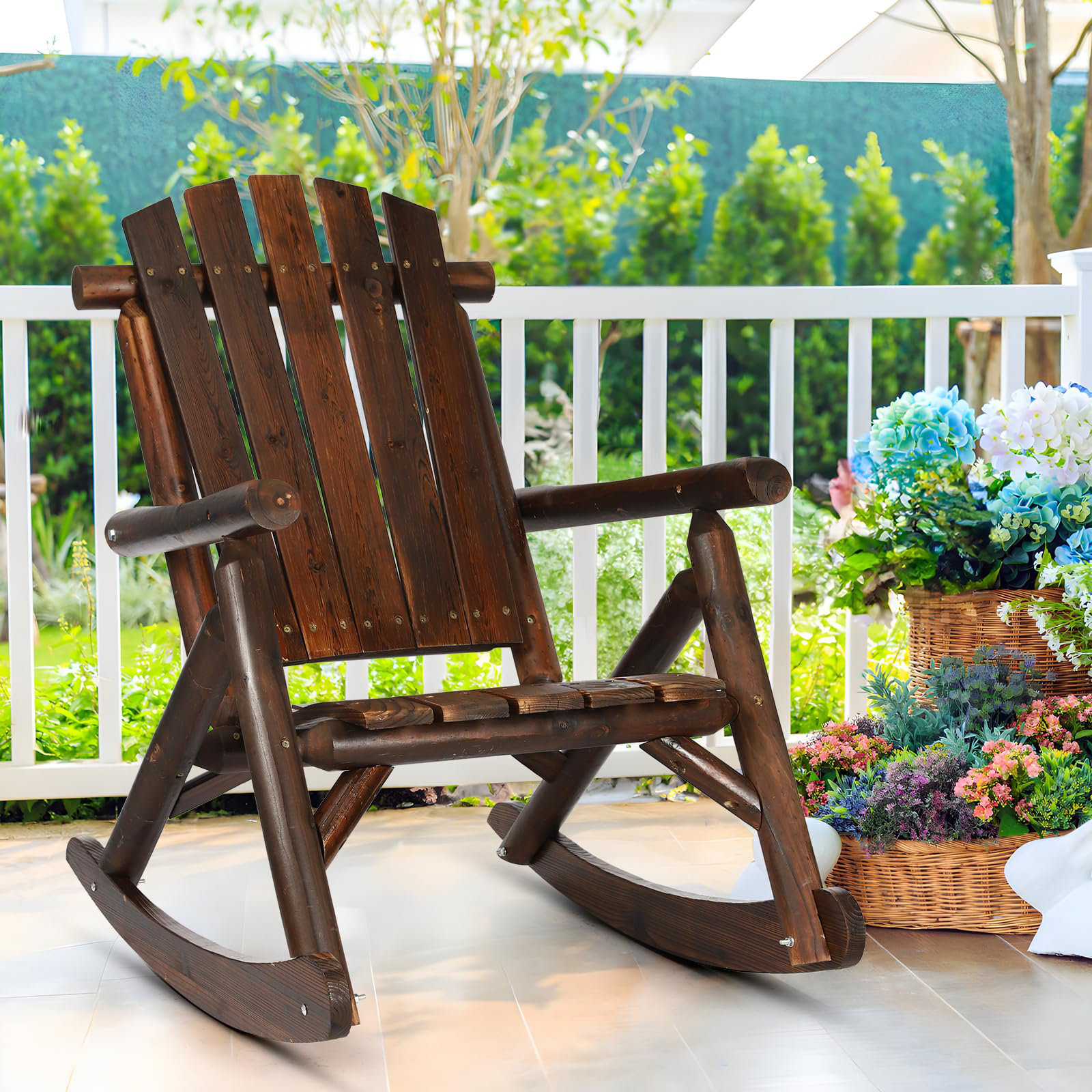 Gracie Oaks Outdoor Wooden Rocking Chair, Patio Log Rustic Adirondack ...