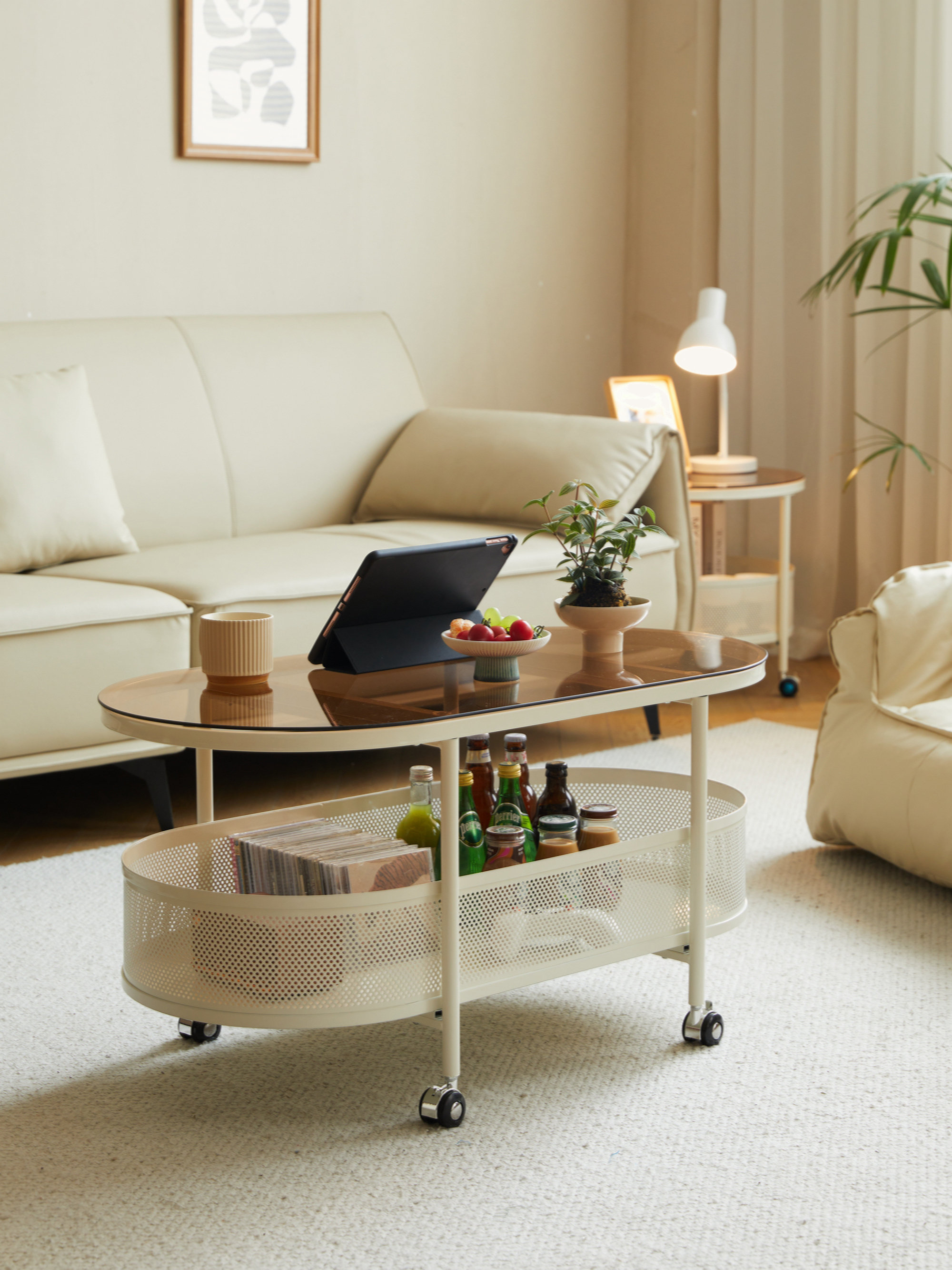 Wrought Studio Movable Oval Metal Glass Coffee Table With Storage ...