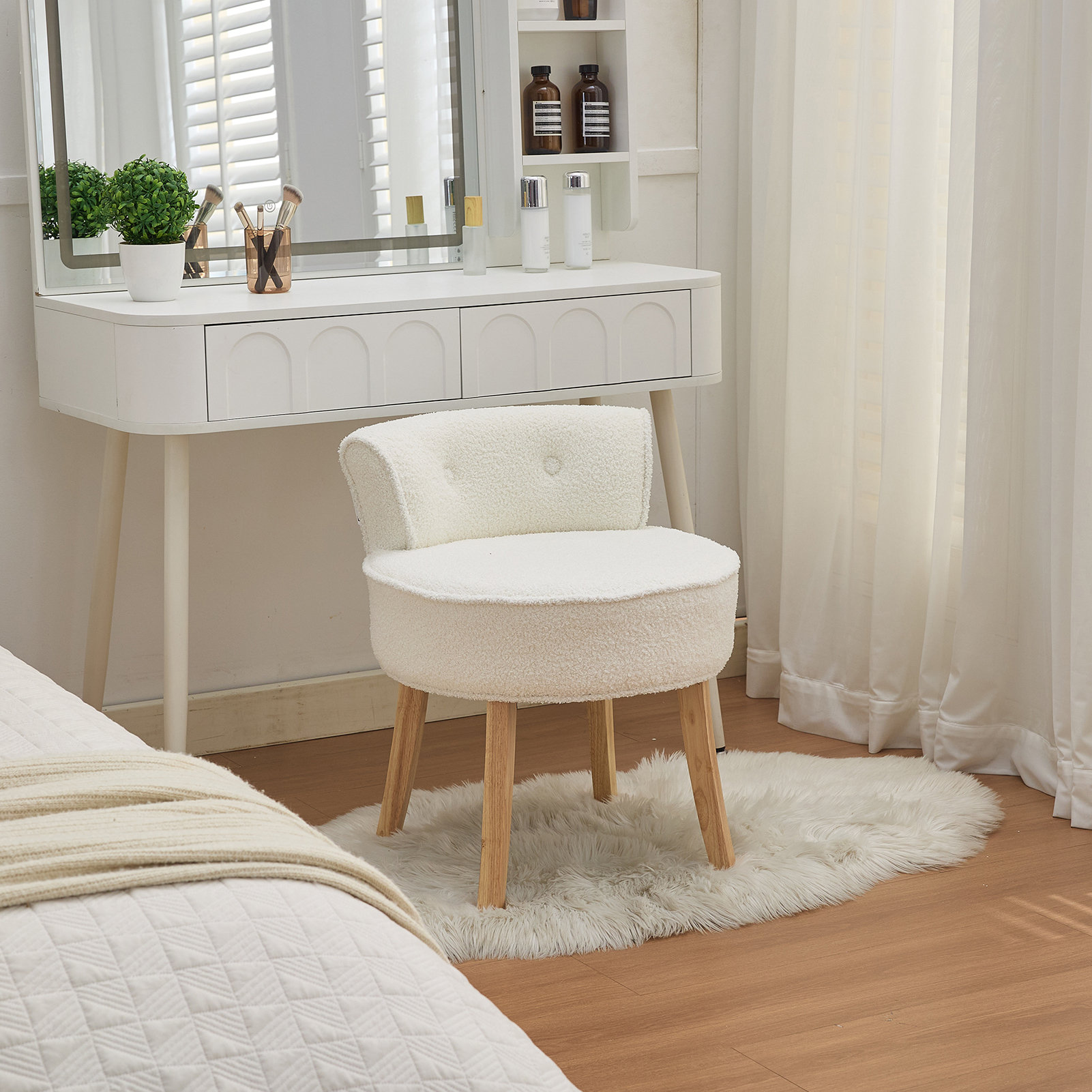 ClassicLiving Teddy Fleece Dressing Table Stool with Solid Wood Legs ...