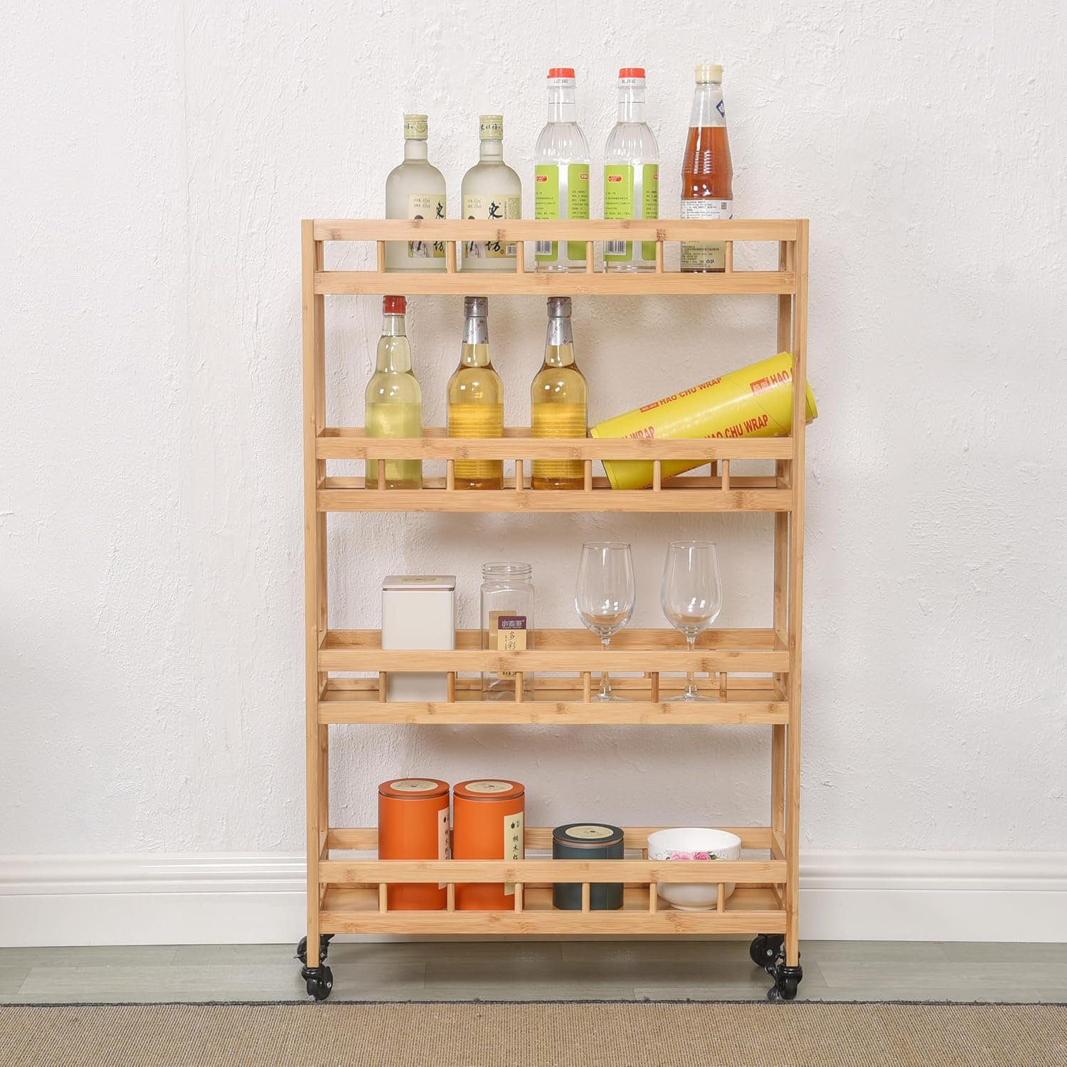Co-t Slim Rolling Storage Cart, Bamboo 4 Tier Tall Rolling Utility Cart ...