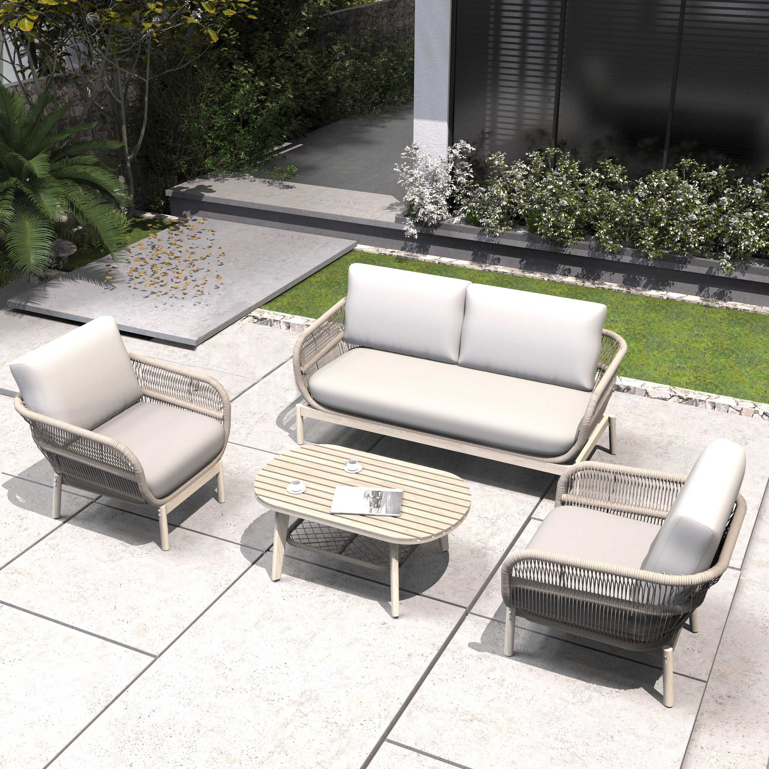 Gracie Oaks Viola 4 - Piece Acacia Wood Rope Weaving Patio Outdoor ...