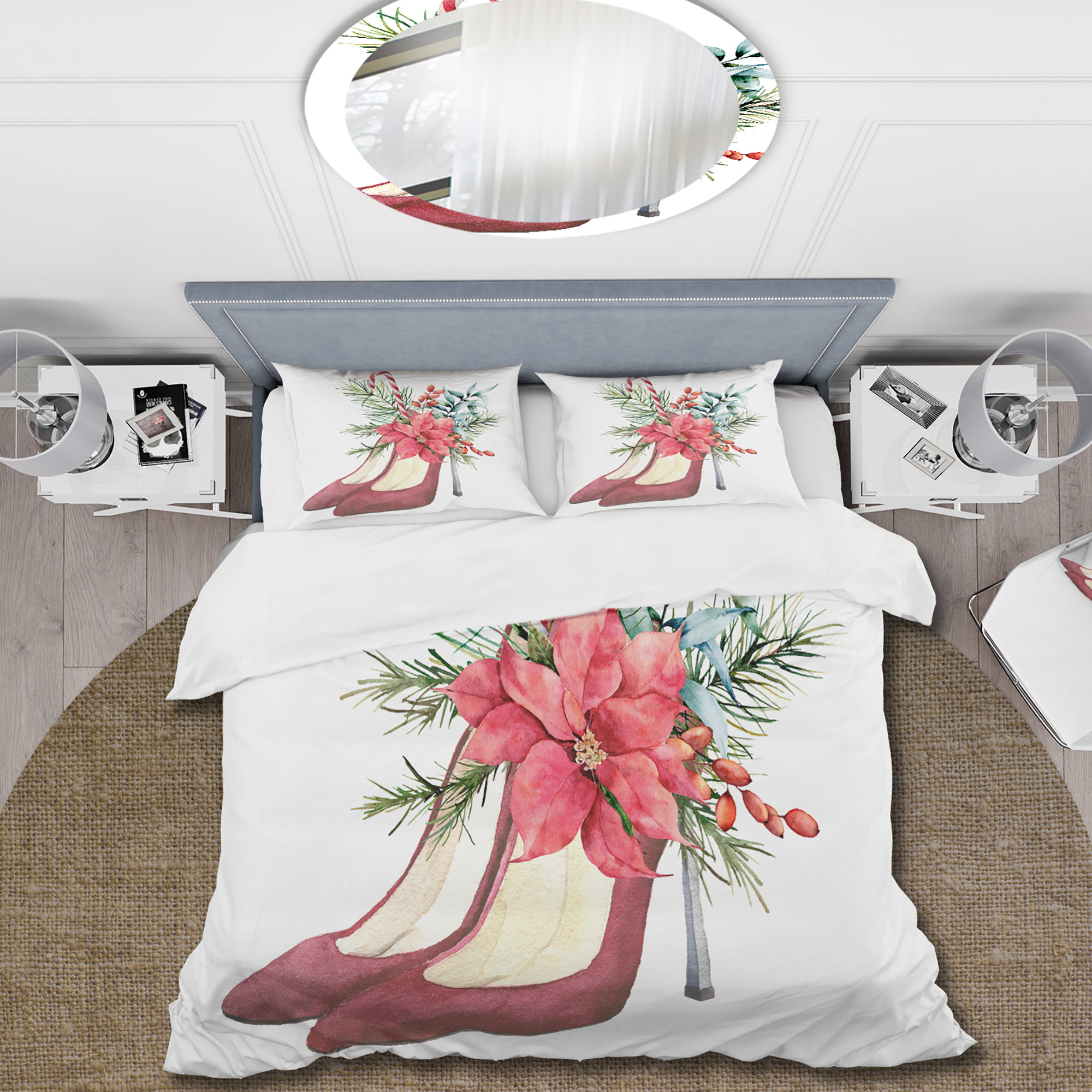Design Art Red Suede Heeled Shoes With Christmas Floral Decor ...