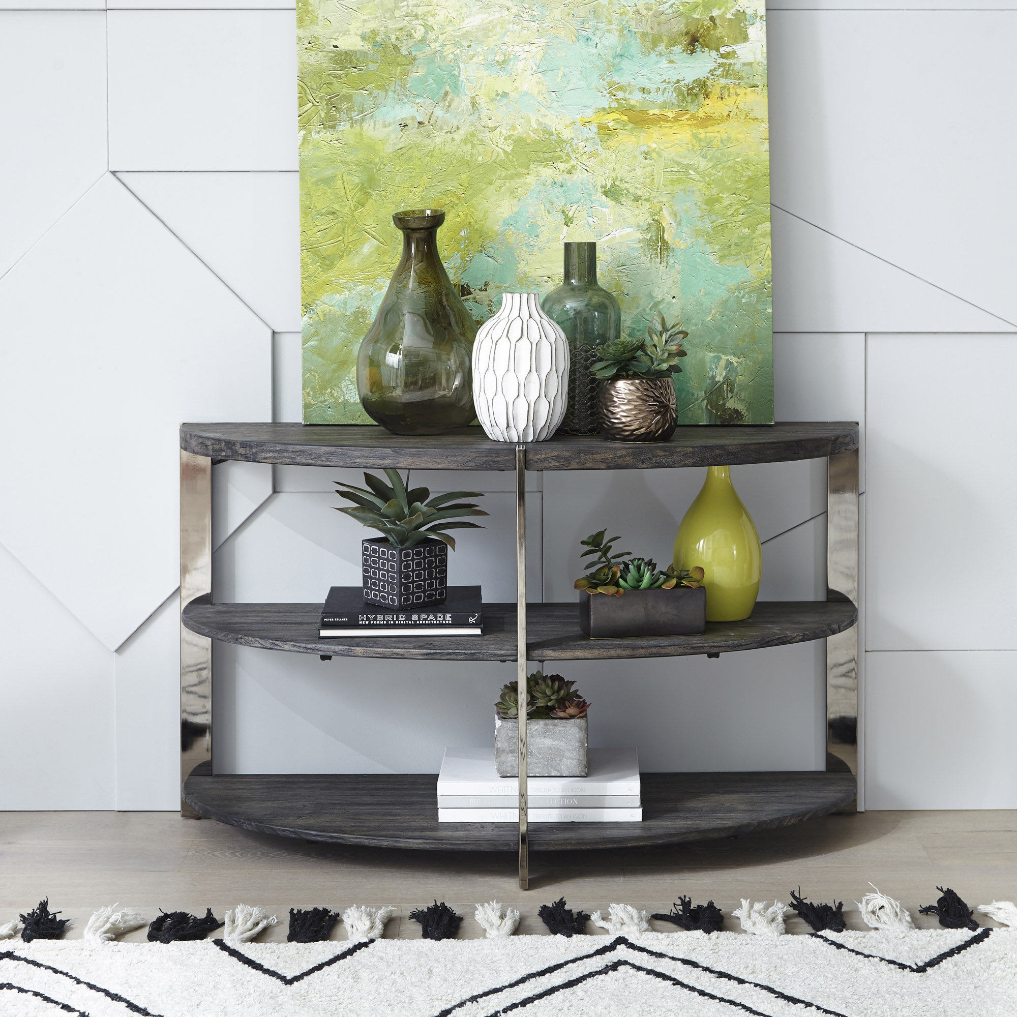 Latitude Run® Console Table Half Moon Shape With 2 Open Shelves | Wayfair
