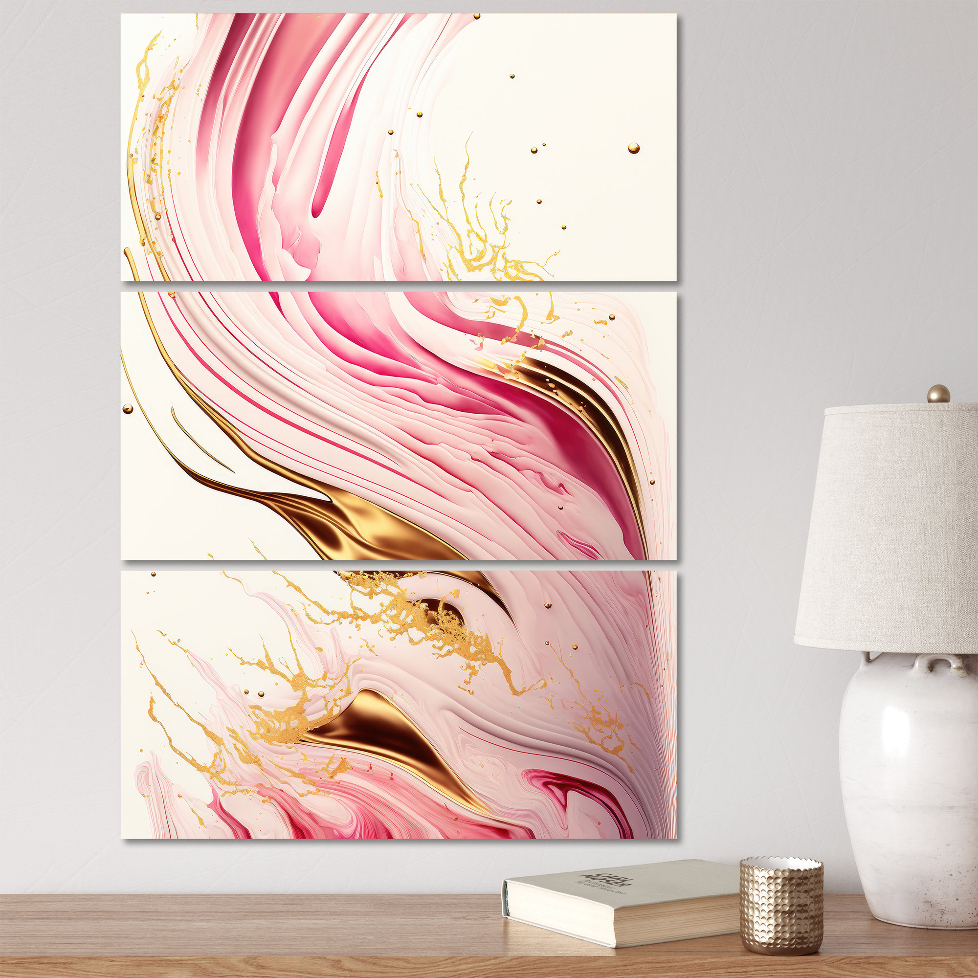 Orren Ellis Kabe Bold Pink And Gold Flow Art I On Canvas 3 Pieces Print ...