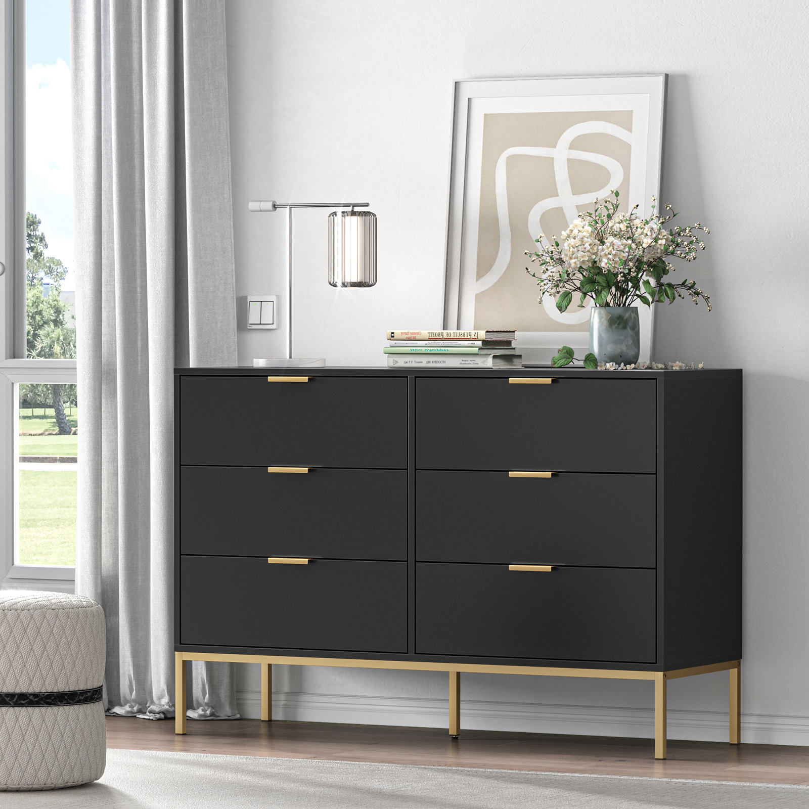 Mercer41 Alynia 6 - Drawer Dresser 47 '' W Double Dresser Black Bedroom ...