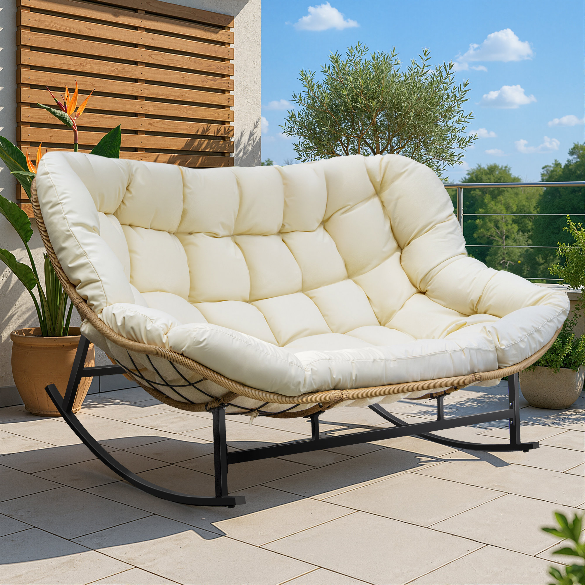 George Oliver Oversized 2-Person PE Wicker Outdoor Rocking Chair ...