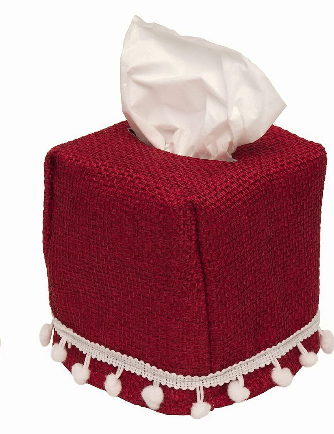 Foundry Select Rustic Red Burlap Tissue Box Cover with White Pom Poms ...
