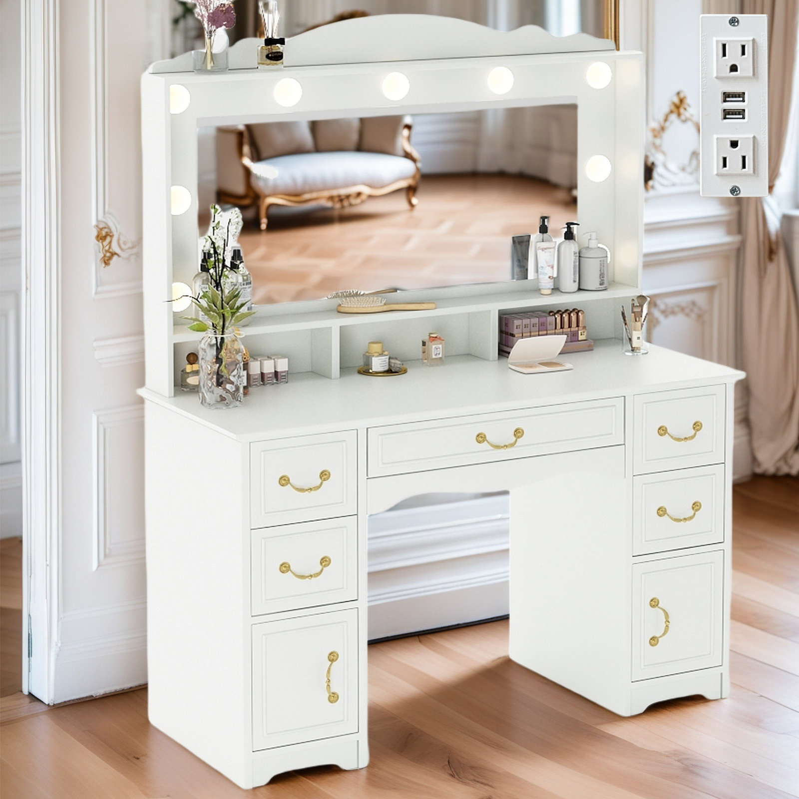 House of Hampton® 5 Drawers Large Vintage Makeup Vanity With Lighted ...